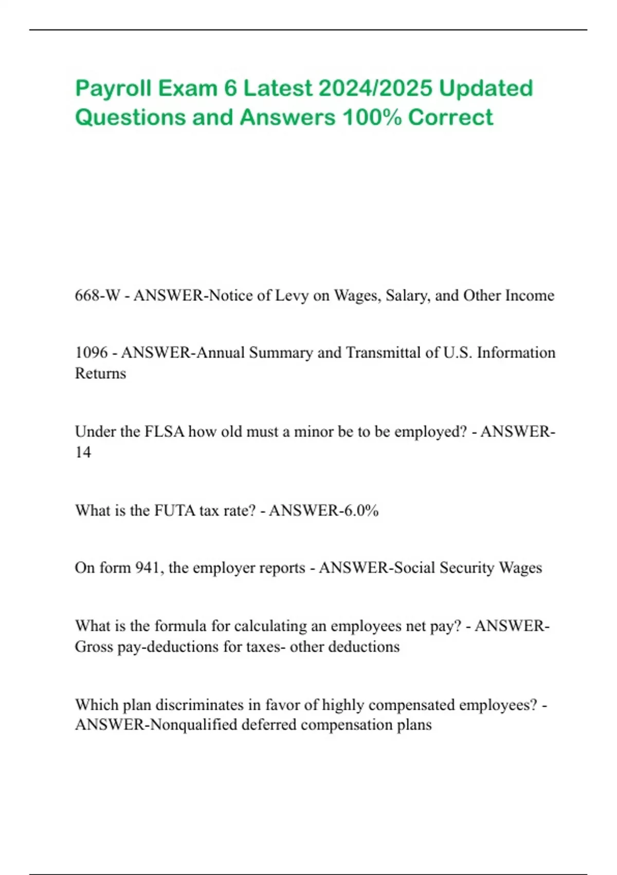 Payroll Exam 6 Latest 2024/2025 Updated Questions and Answers 100% ...