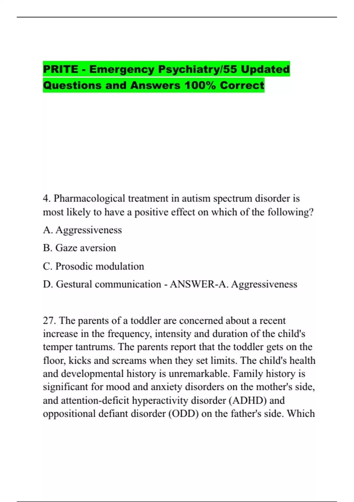 PRITE - Emergency Psychiatry/55 Updated Questions and Answers 100% ...