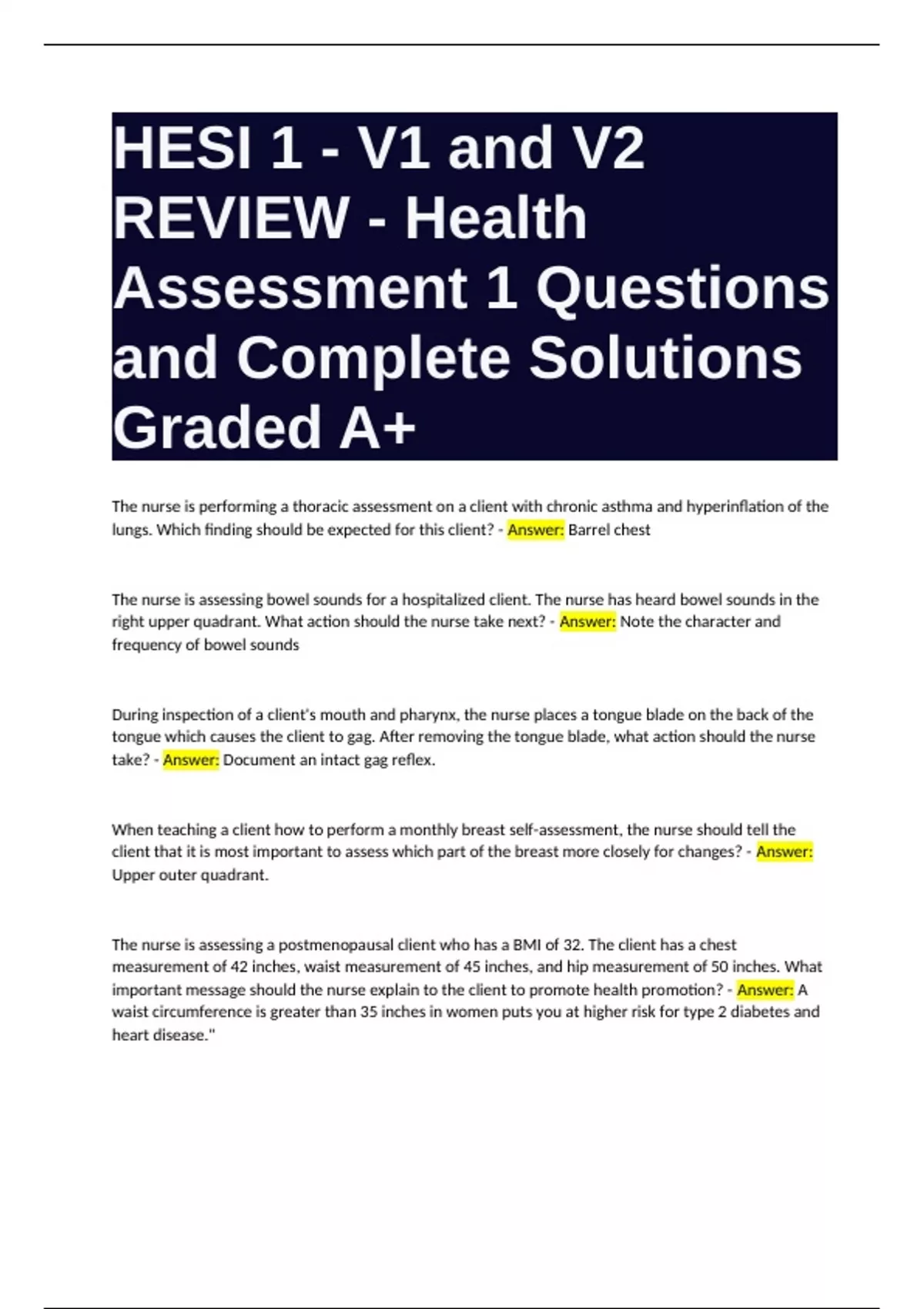 HESI 1 - V1 and V2 REVIEW - Health Assessment 1 Questions and Complete ...