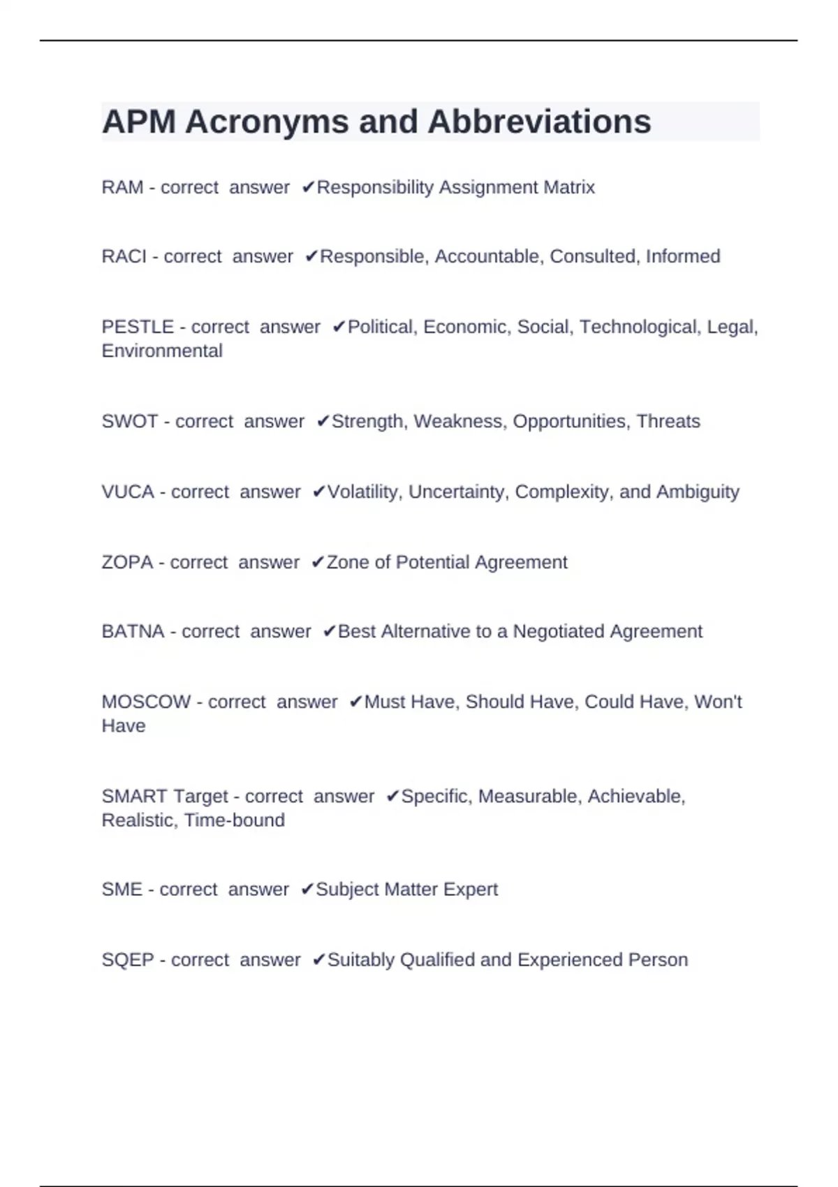 APM Acronyms and Abbreviations Question and answers correctly solved ...