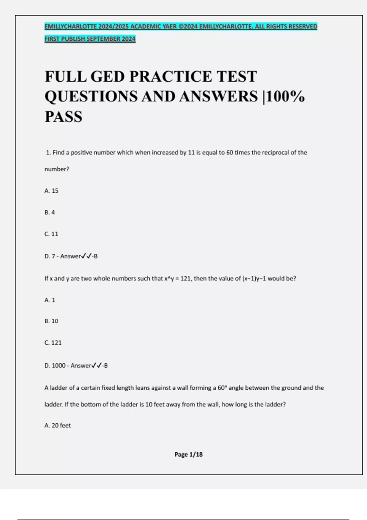 FULL GED PRACTICE TEST QUESTIONS AND ANSWERS |100% PASS - 2024/2025 ...