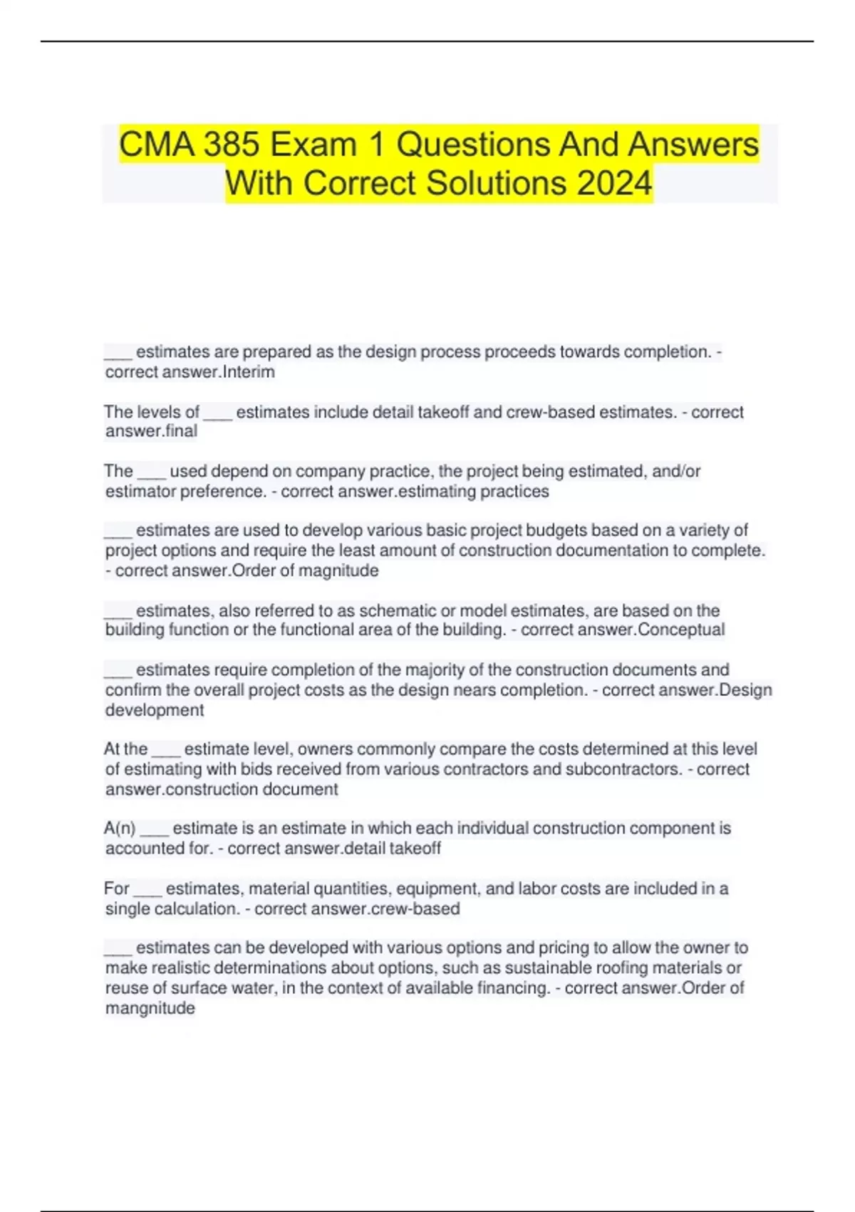 CMA 385 Exam 1 Questions And Answers With Correct Solutions 2024 - CMA ...