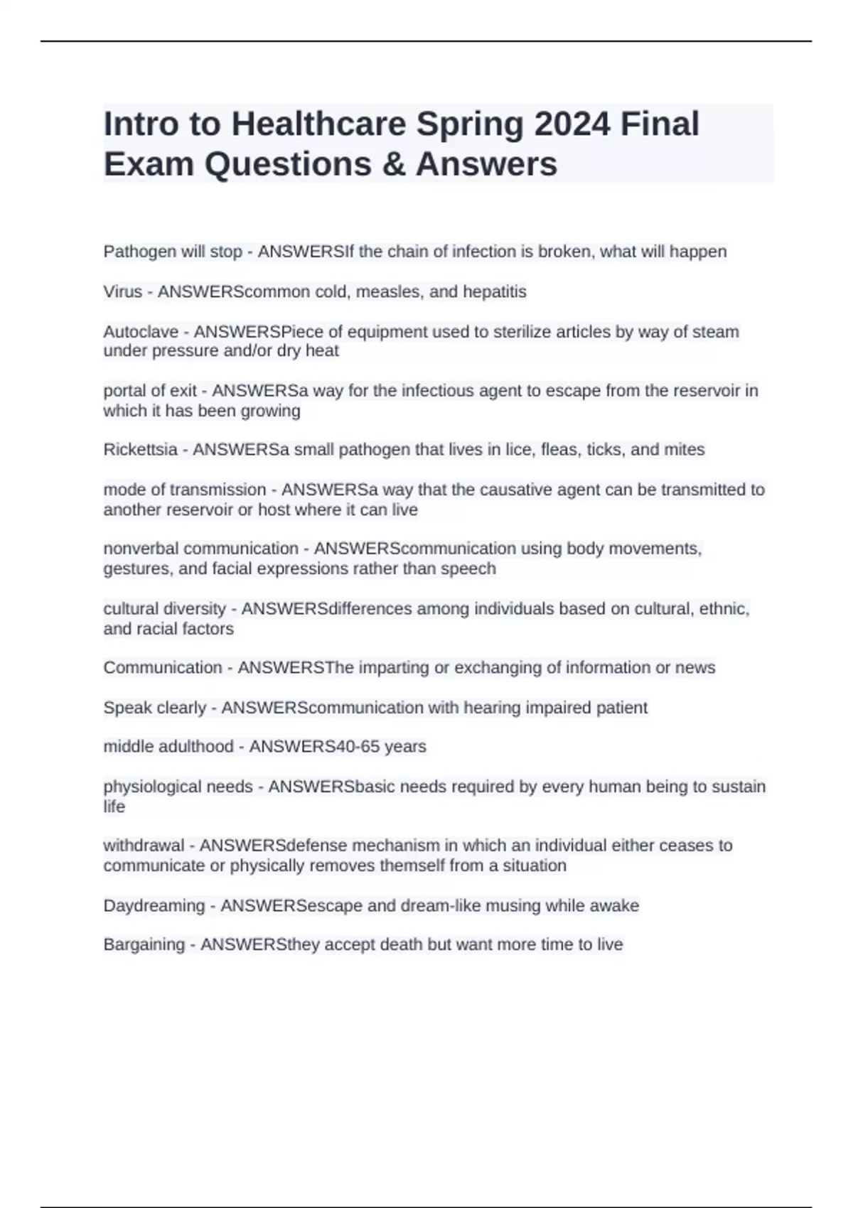 Intro to Healthcare Spring 2024 Final Exam Questions & Answers - Intro to Healthcare Spring ...