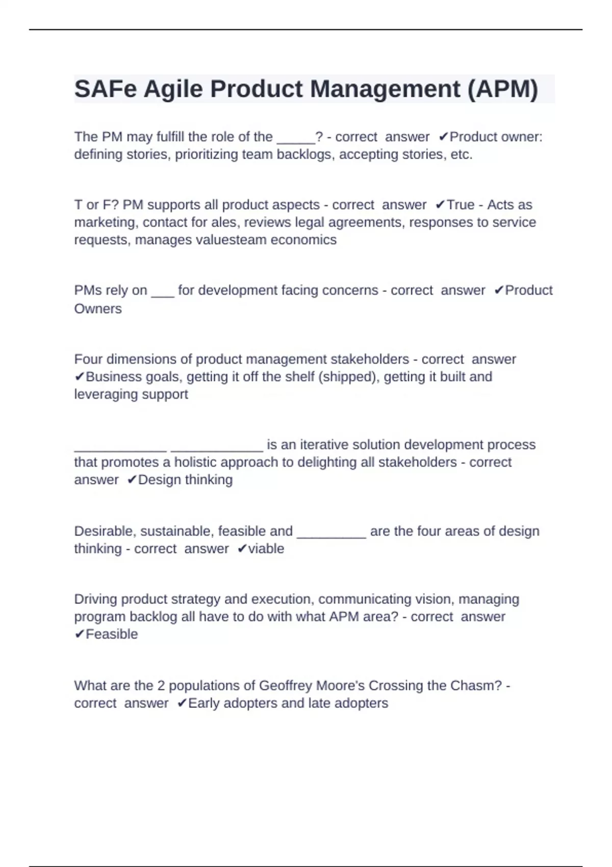 Safe Agile Product Management Question And Answers 1005 Correct 2024 2025 Apm Stuvia Us