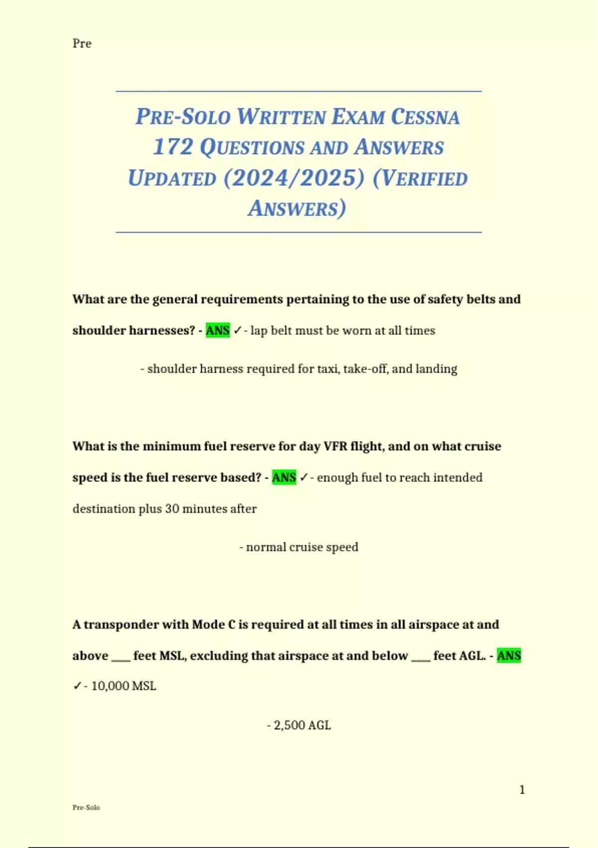 PRE-SOLO WRITTEN EXAM CESSNA 172 QUESTIONS AND ANSWERS UPDATED (2024/ ...