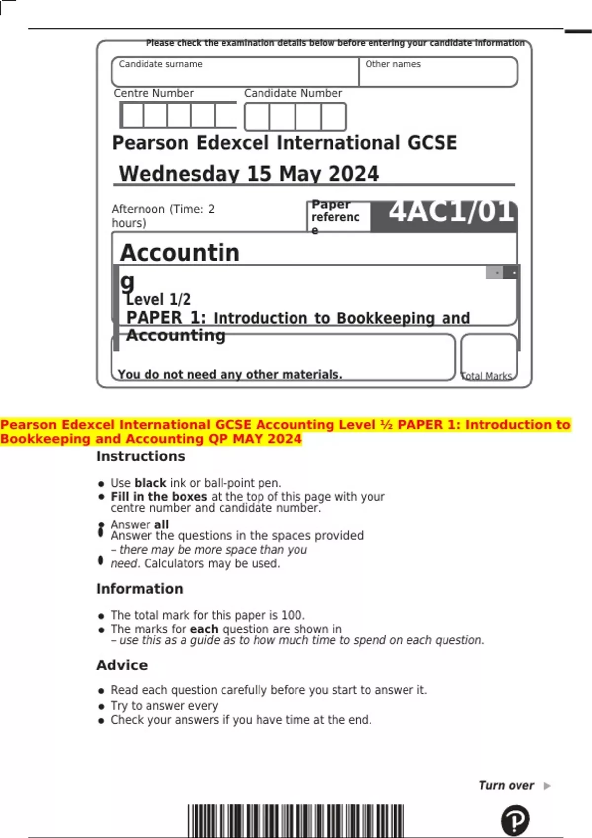 Pearson Edexcel International GCSE Accounting Level ½ PAPER 1 ...