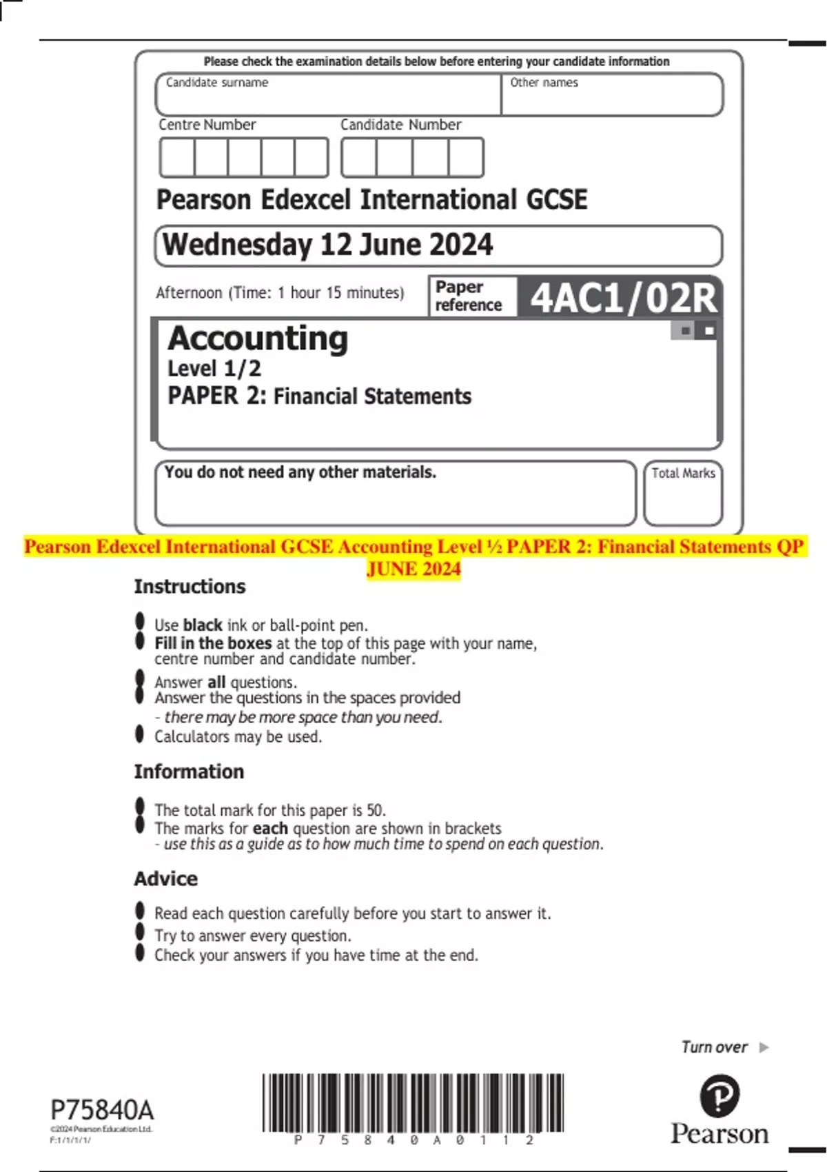 Pearson Edexcel International GCSE Accounting Level ½ PAPER 2 ...