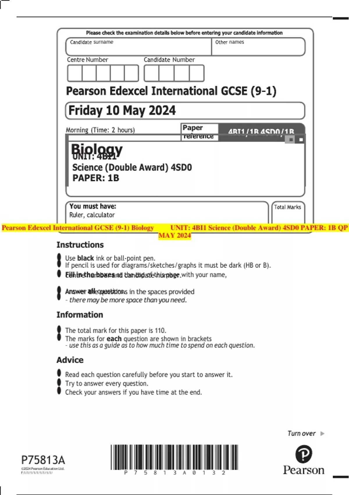 Pearson Edexcel International Gcse 9 1 Biology Unit 4bi1 Science Double Award 4sd0 Paper