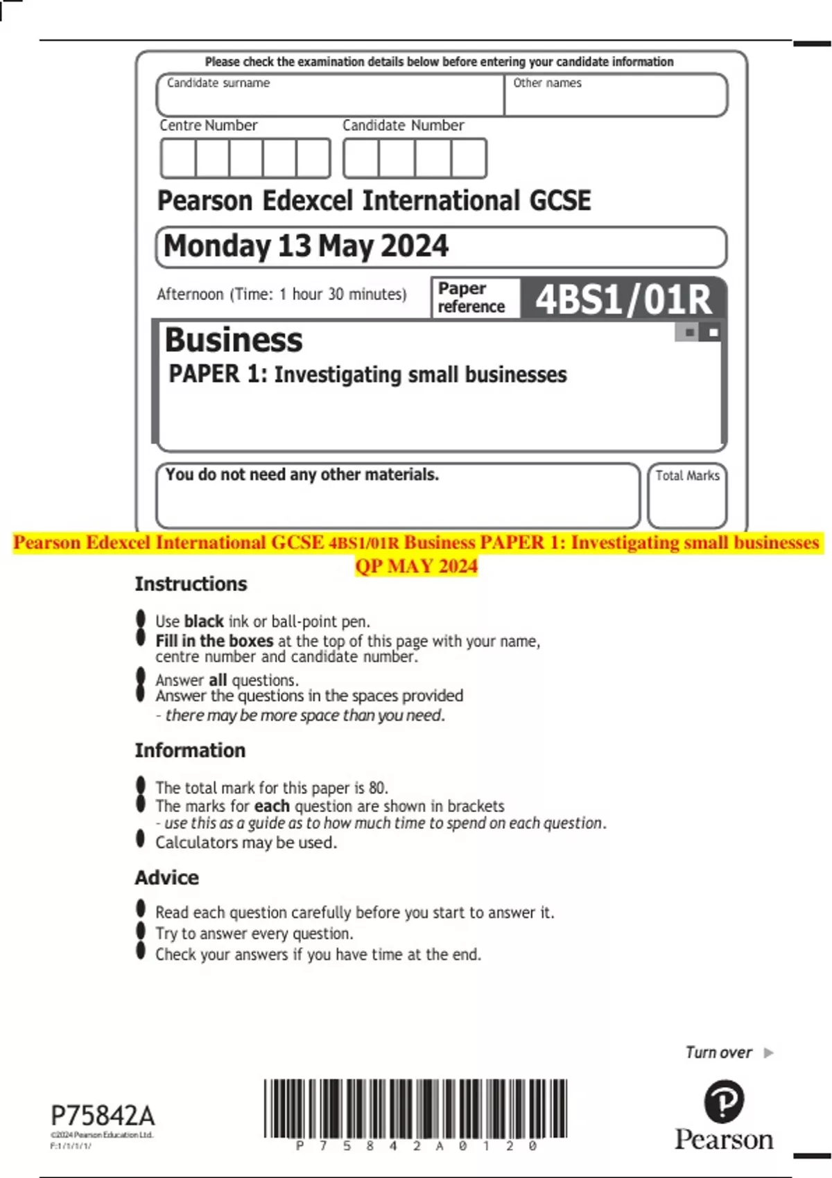 Pearson Edexcel International GCSE 4BS1/01R Business PAPER 1 ...
