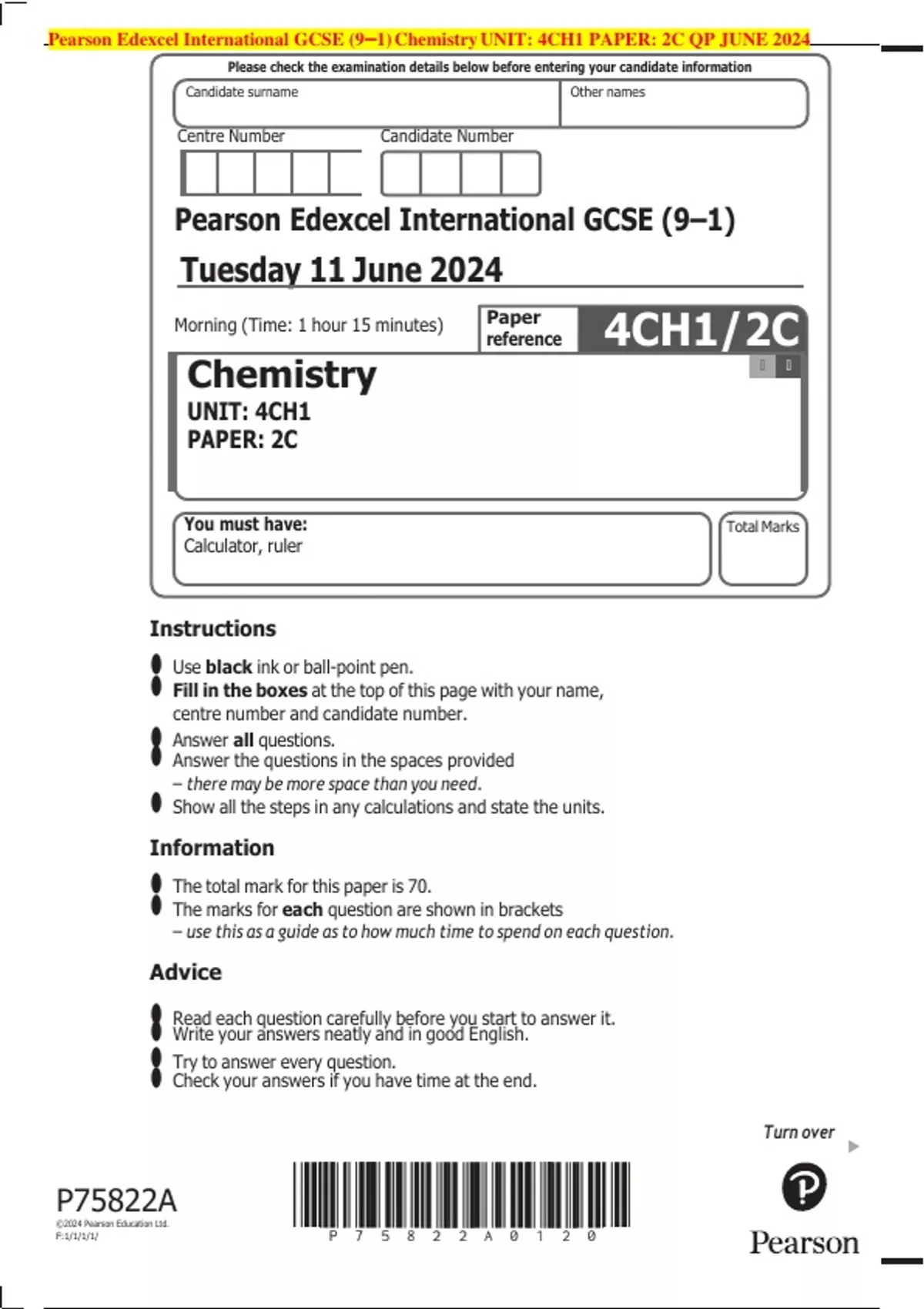 Pearson Edexcel International GCSE (9–1) Chemistry UNIT: 4CH1 PAPER: 2C ...