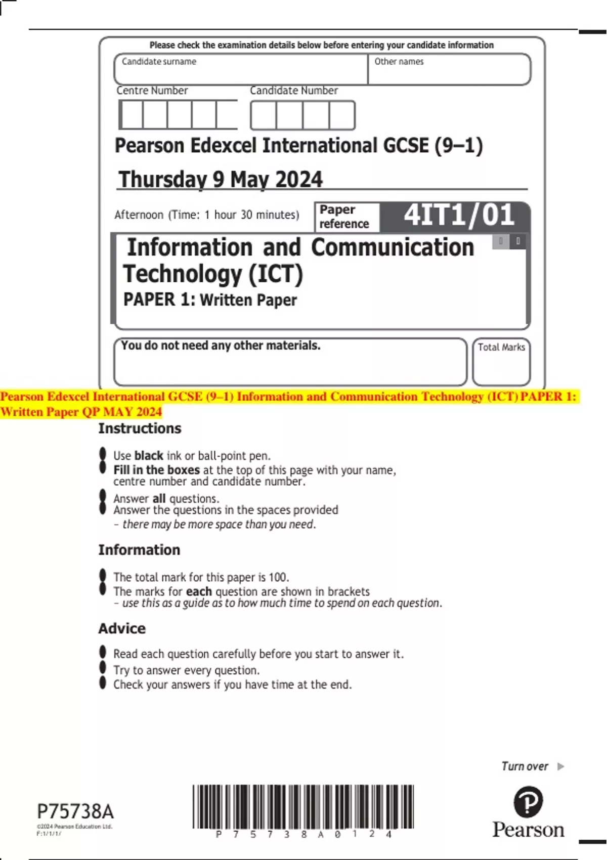 Pearson Edexcel International GCSE (9–1) Information and Communication Technology (ICT) PAPER 1 ...