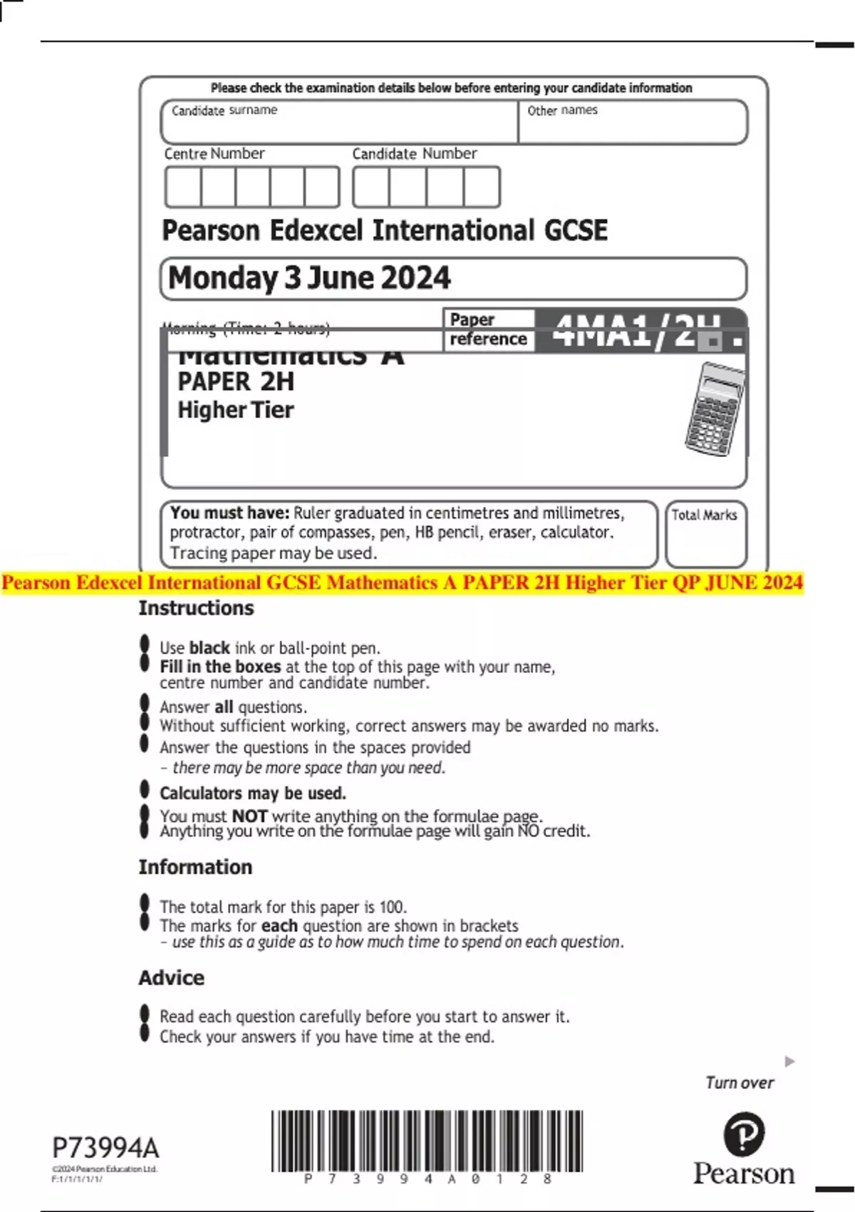 Pearson Edexcel International GCSE Mathematics A PAPER 2H Higher Tier ...