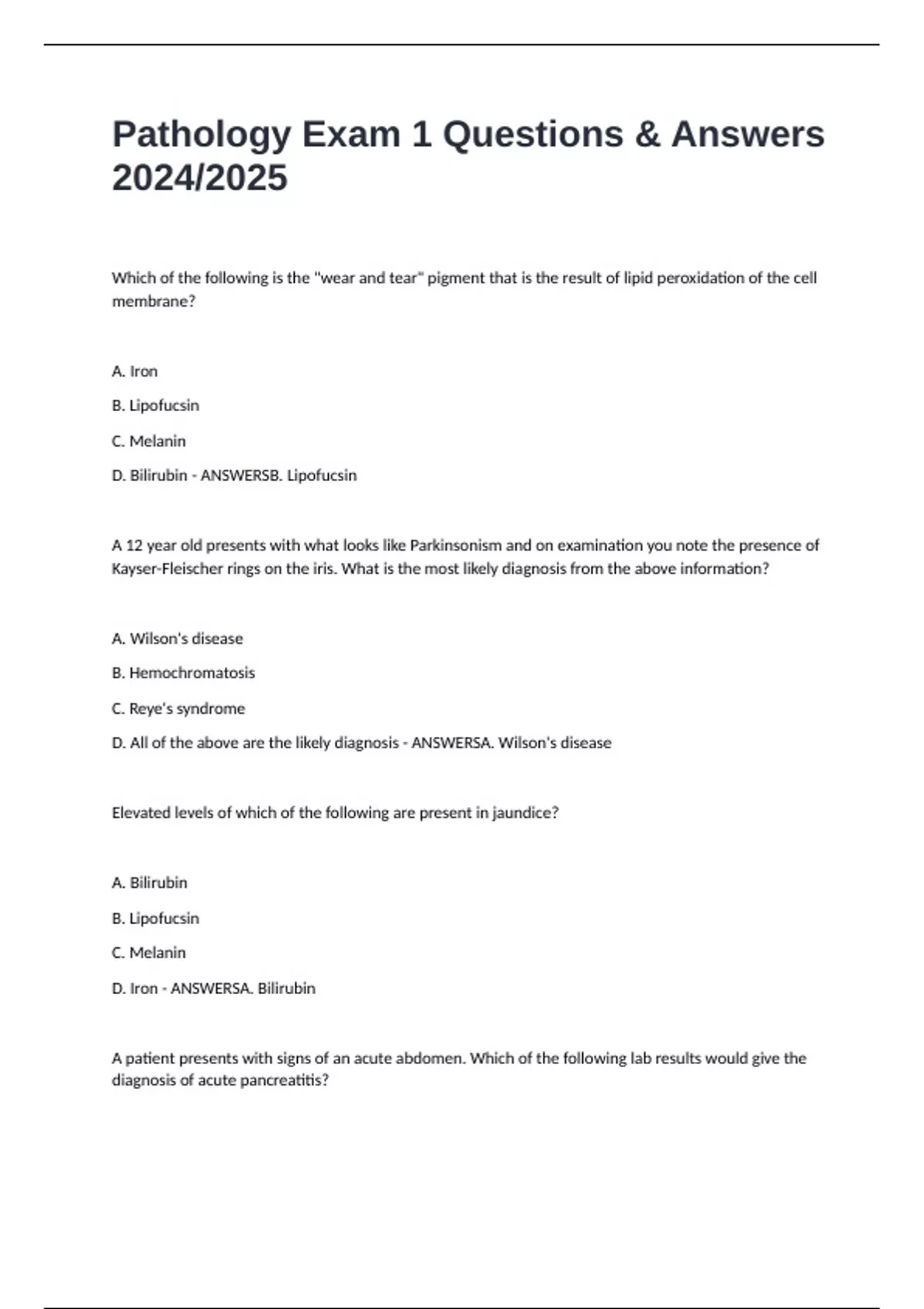 Pathology Exam 1 Questions & Answers 2024/2025 - Pathology - Stuvia US