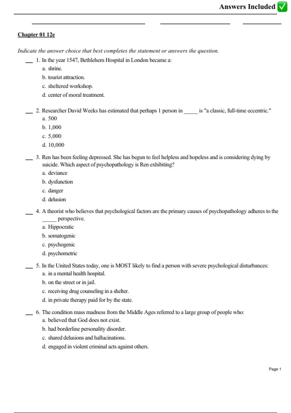 Test Bank for Psychopathology: Science and Practice, 12th Edition by ...