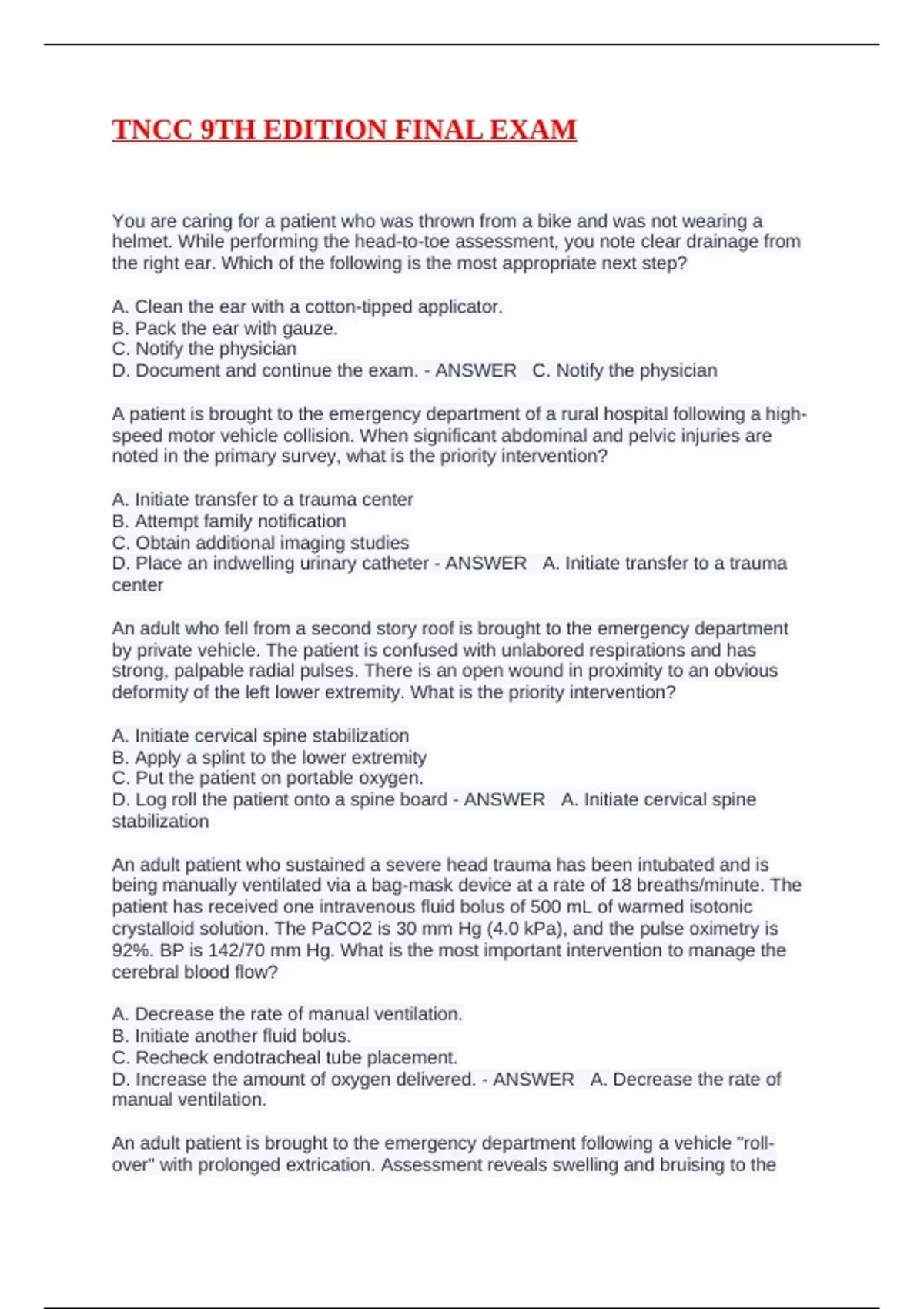 TNCC 9TH EDITION FINAL EXAM - TNCC 9TH EDITION - Stuvia US