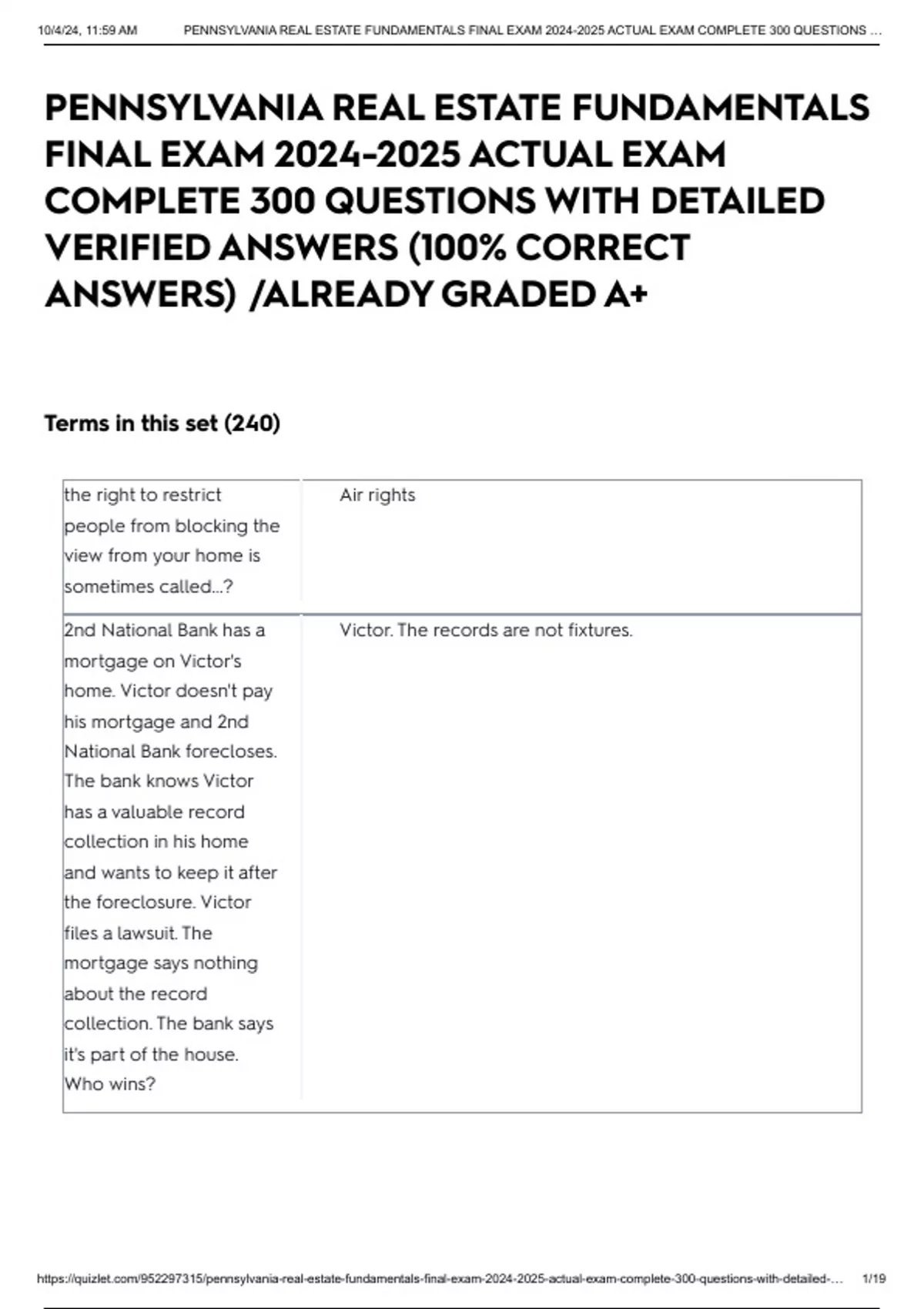 PENNSYLVANIA REAL ESTATE FUNDAMENTALS FINAL EXAM ACTUAL EXAM COMPLETE ...
