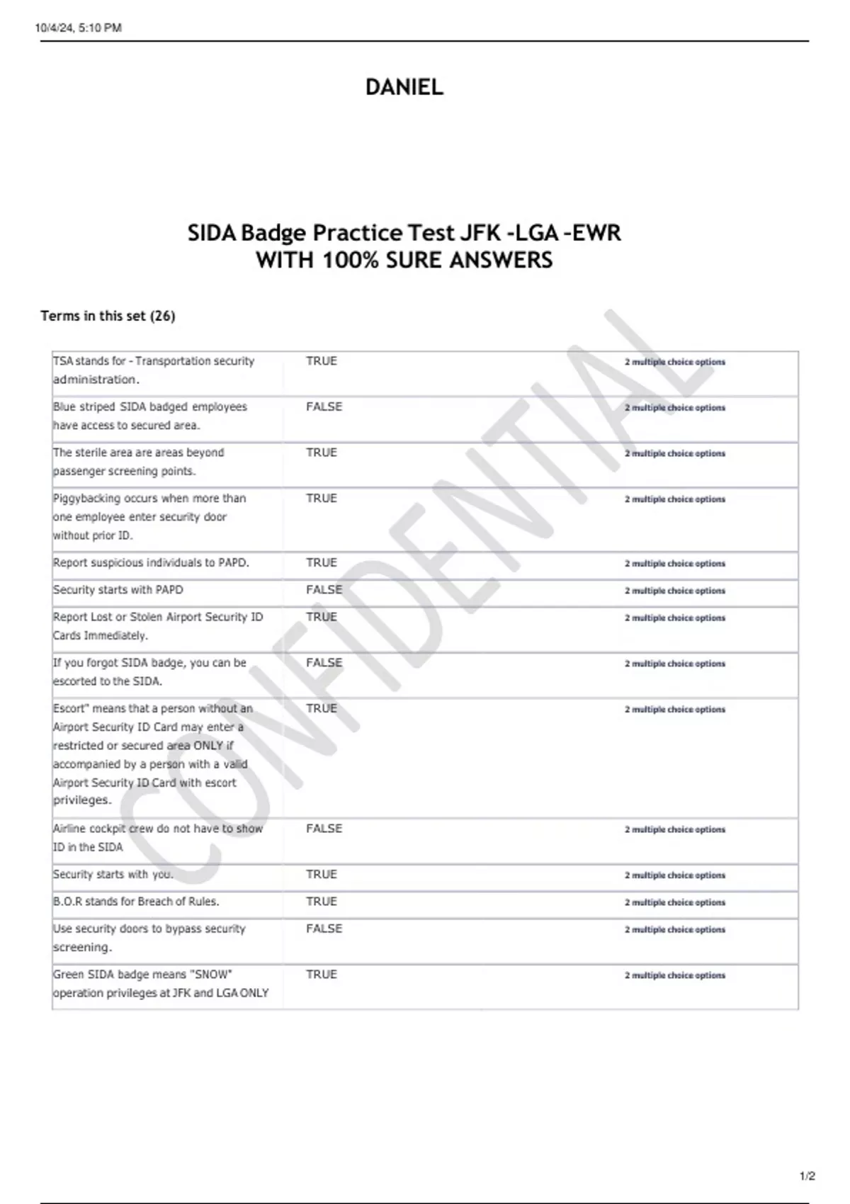 SIDA Badge Practice Test JFK -LGA -EWR WITH ANSWERS GRADED A+ - GXC ...