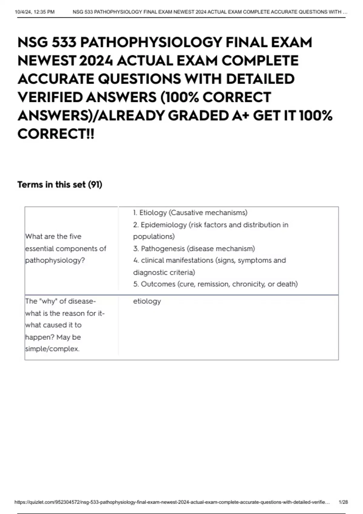 NSG 533 PATHOPHYSIOLOGY FINAL EXAM NEWEST 2024 ACTUAL EXAM COMPLETE ...