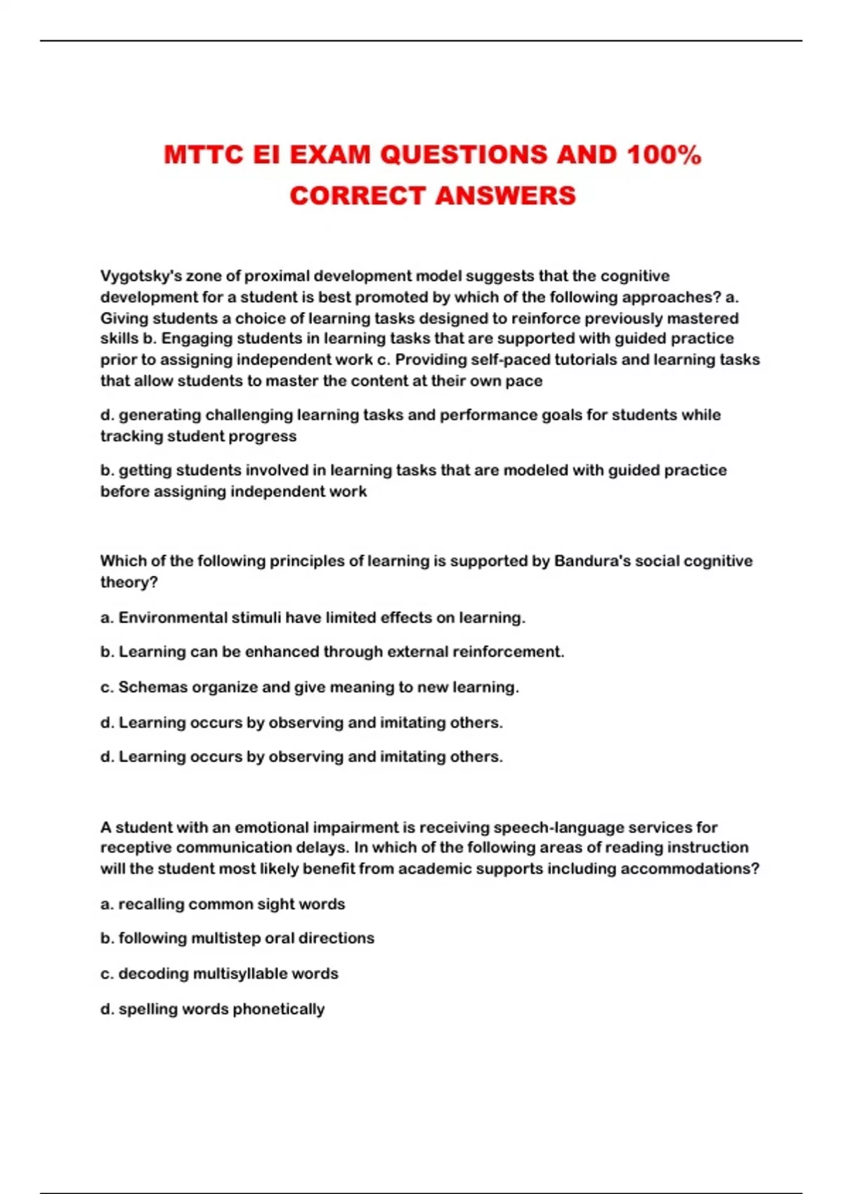 MTTC EI EXAM QUESTIONS AND 100% CORRECT ANSWERS - MTTC EI - Stuvia US