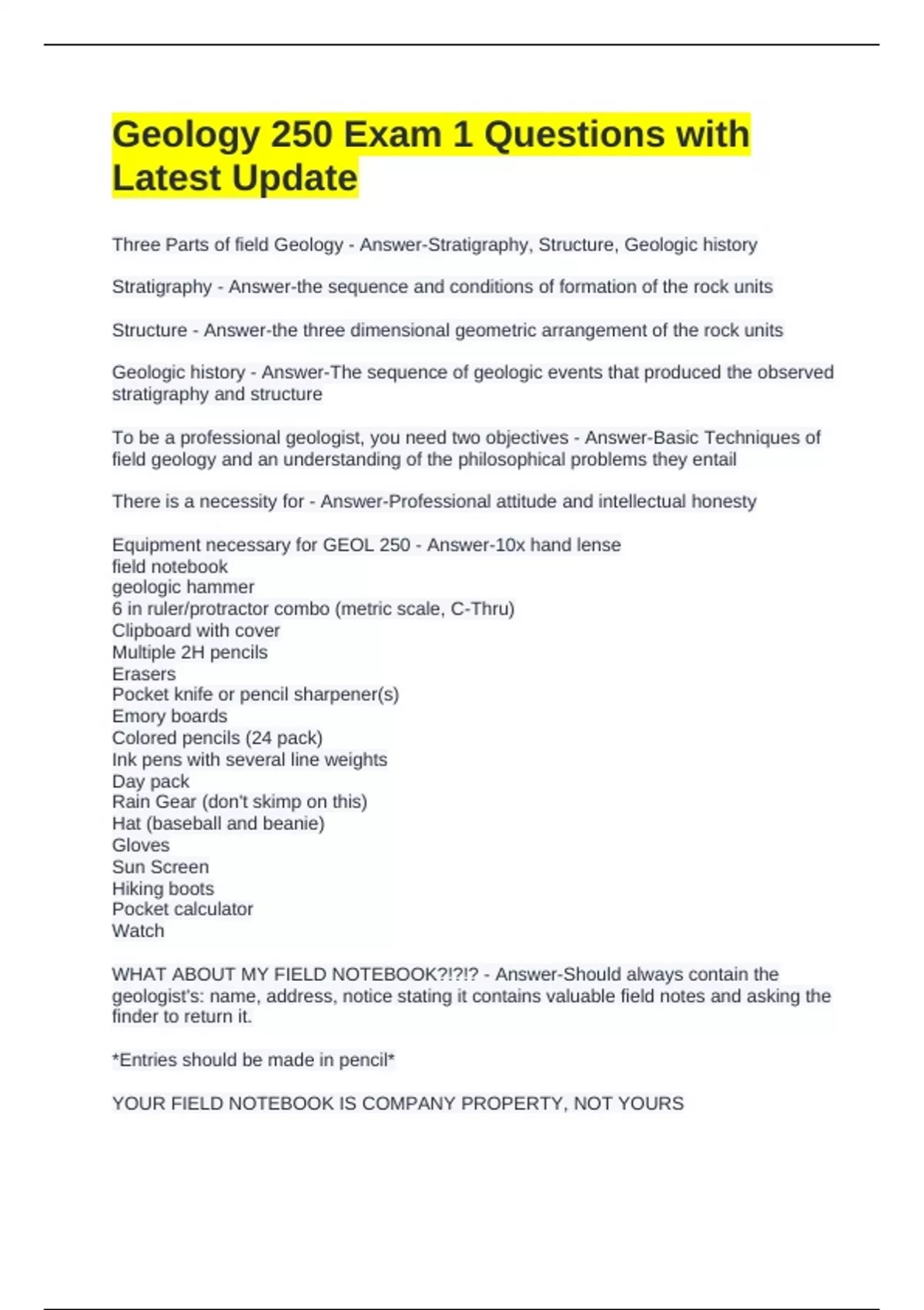 Geology 250 Exam 1 Questions with Latest Update - PG - Professional ...