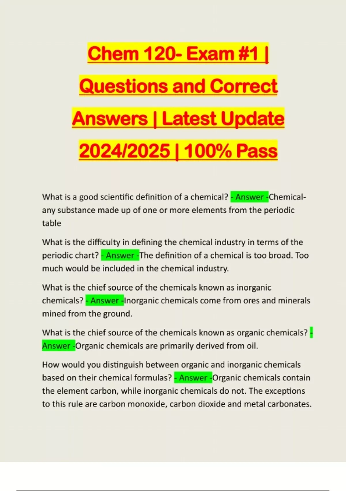 Chem 120- Exam #1 | Questions and Correct Answers | Latest Update 2024/ ...