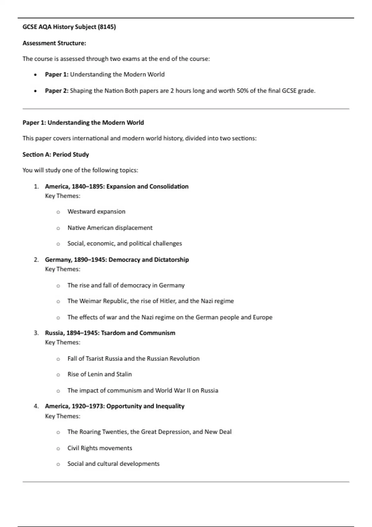 Comprehensive Guide to GCSE AQA History: Topics, Themes, and Assessment ...