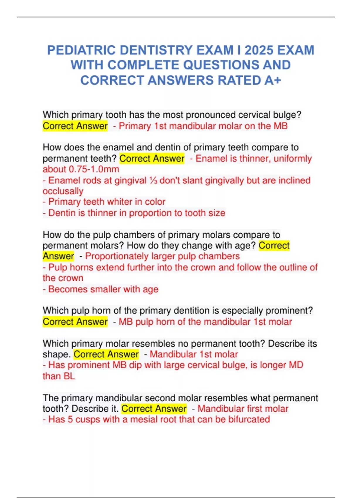 PEDIATRIC DENTISTRY EXAM I 2025 EXAM WITH COMPLETE QUESTIONS AND ...