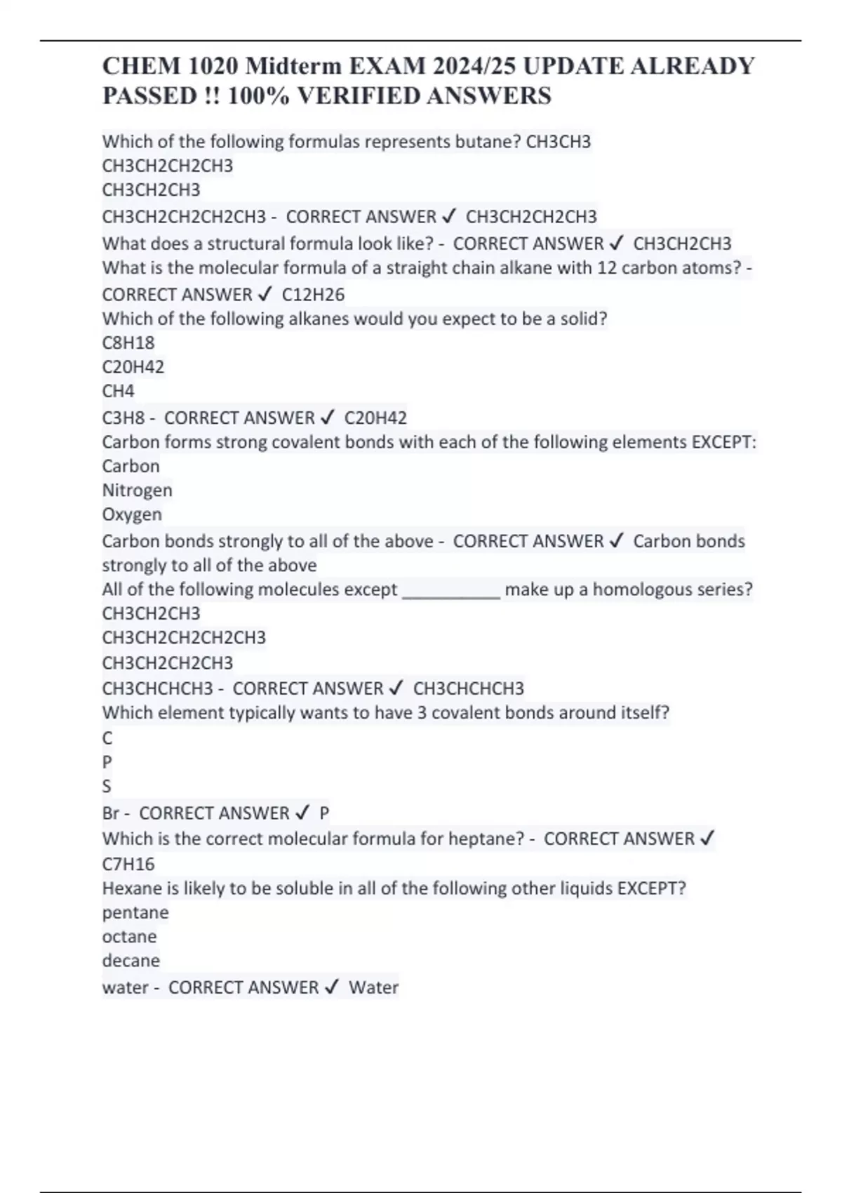 CHEM 1020 Midterm EXAM 2024/25 UPDATE ALREADY PASSED !! 100% VERIFIED ...
