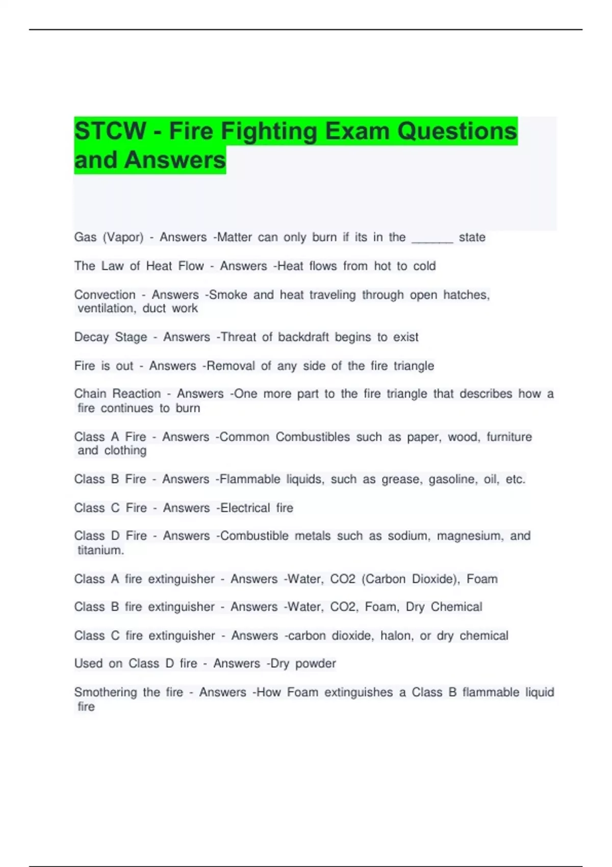 STCW - Fire Fighting Exam Questions and Answers - STCW - Stuvia US