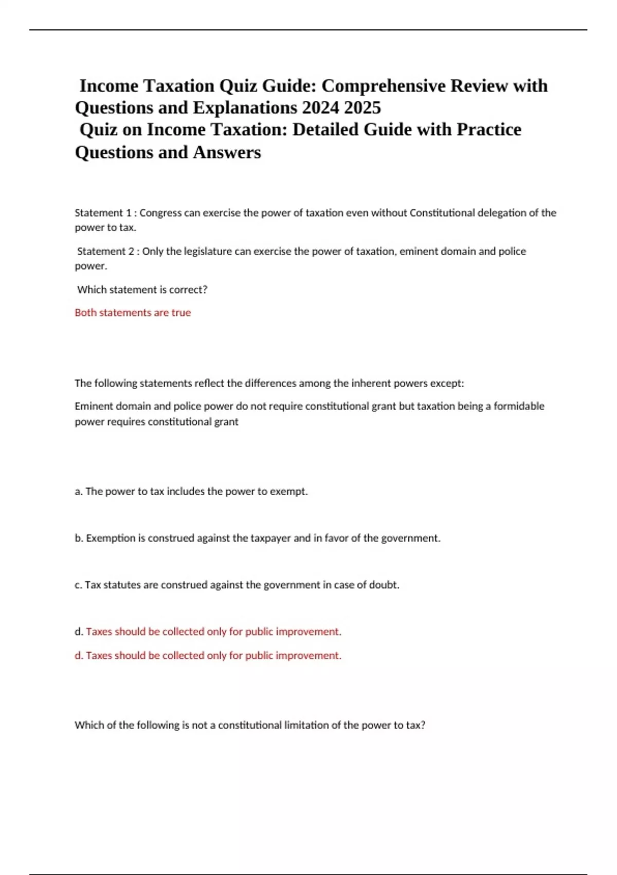 Income Taxation Quiz Guide: Comprehensive Review with Questions and ...