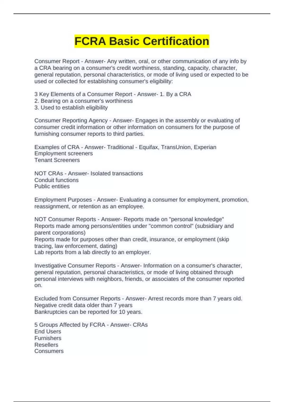 FCRA Basic Certification Exam Questions and Answers - FCRA Basic ...