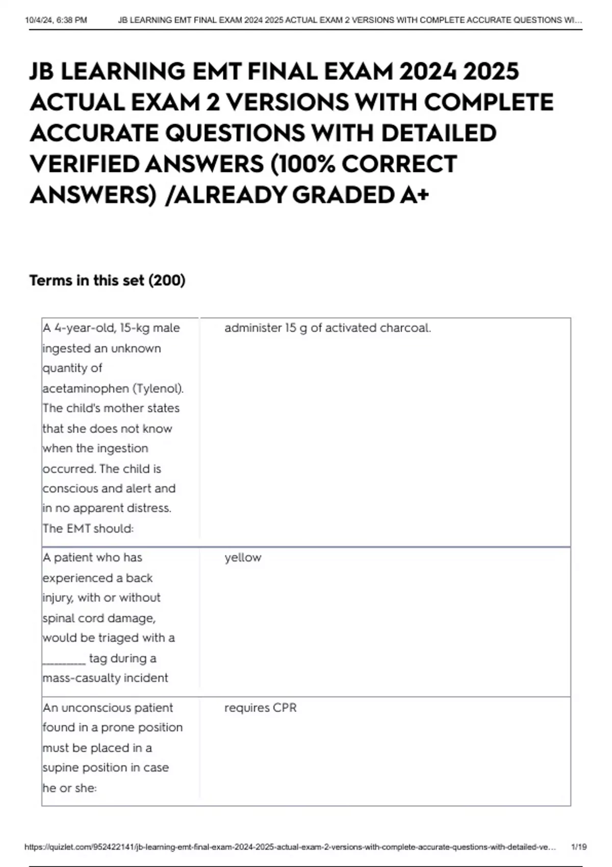 JB LEARNING EMT FINAL EXAM ACTUAL EXAM 2 VERSIONS WITH COMPLETE ...