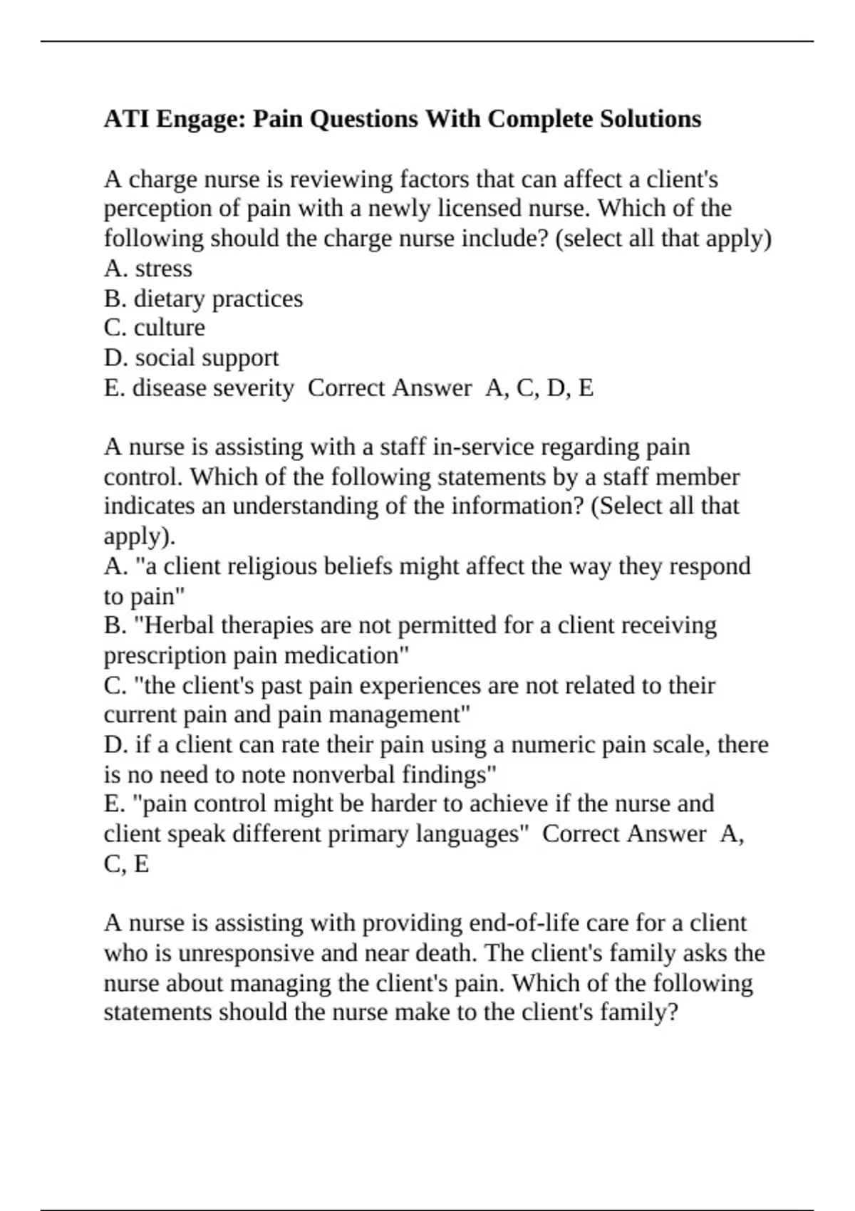 ATI Engage: Pain Questions With Complete Solutions - ATI - Stuvia US