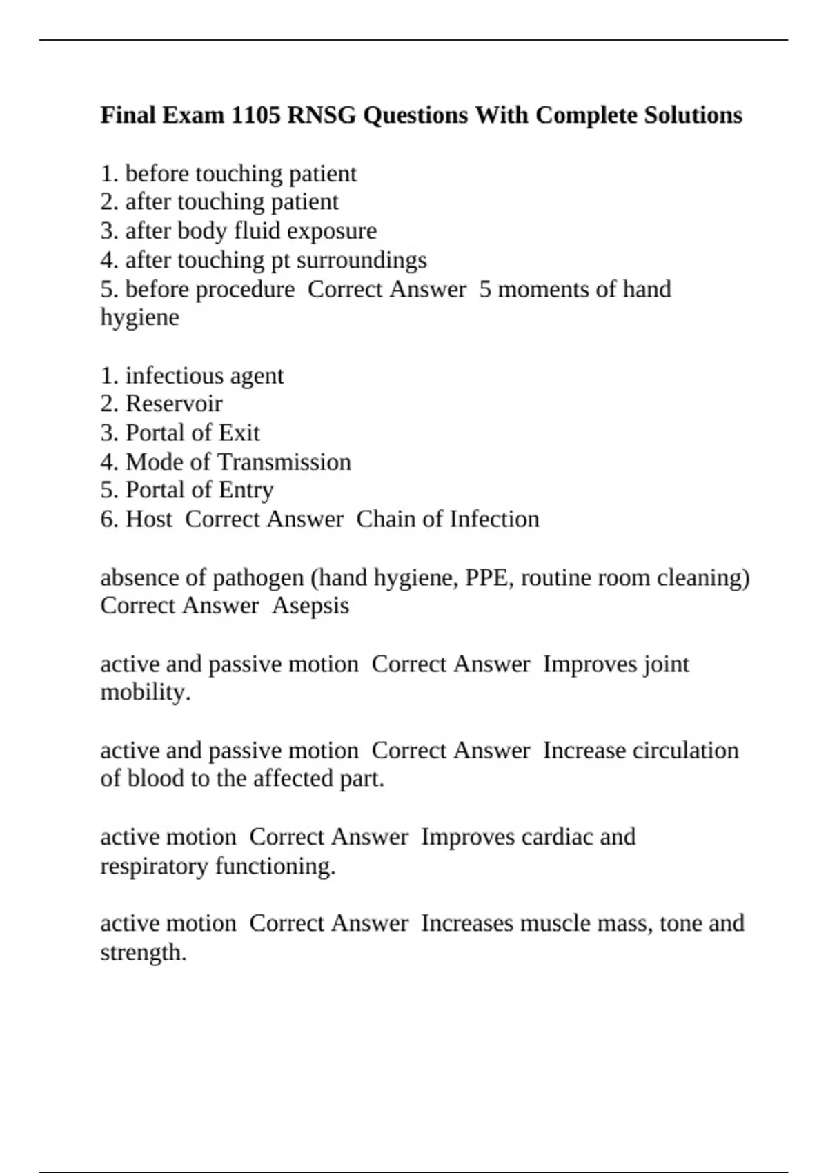 Final Exam 1105 RNSG Questions With Complete Solutions - RNSG 1105 - Stuvia US