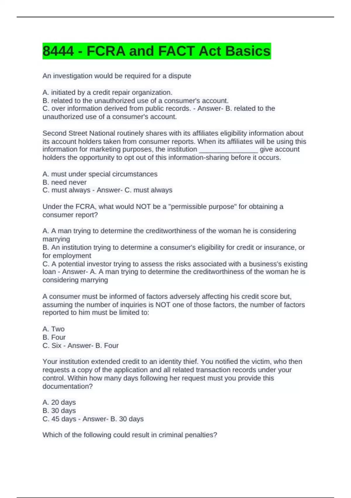 8444 - FCRA and FACT Act Basics Exam Questions and Answers - 8444 ...