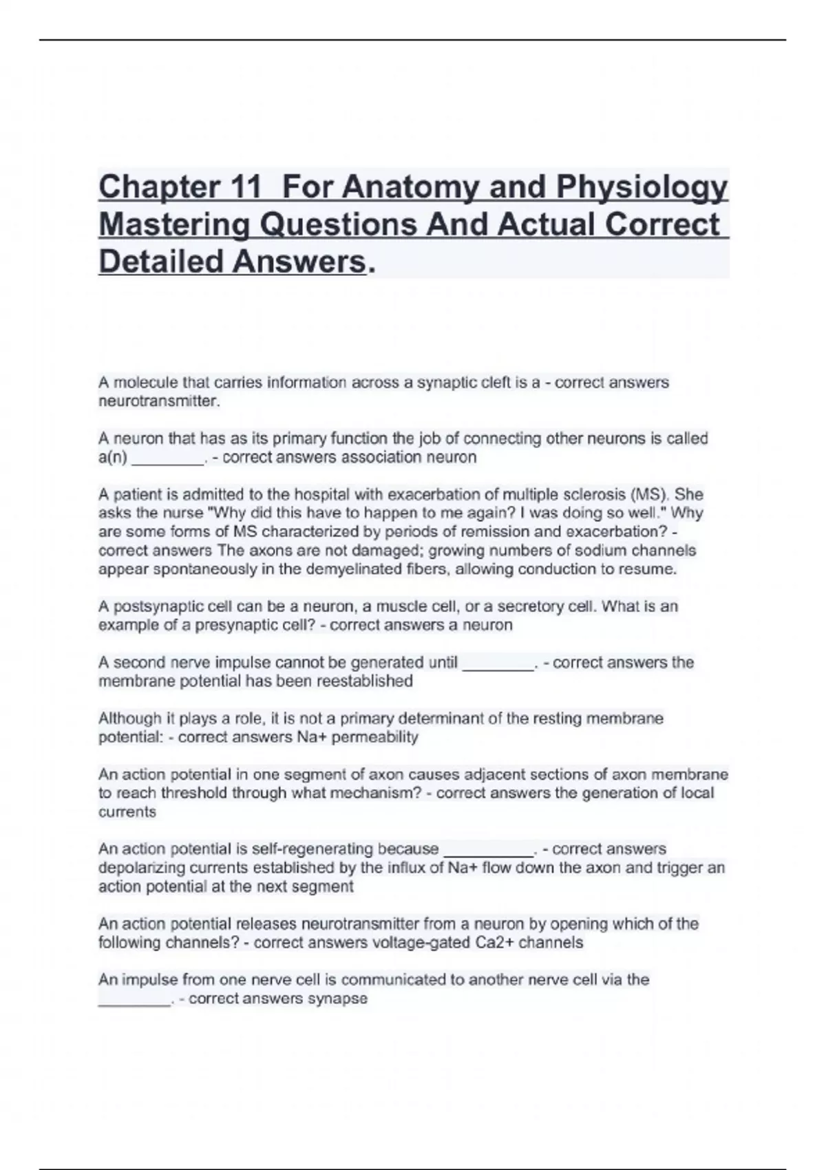 Chapter 11 For Anatomy and Physiology Mastering Questions And Actual ...