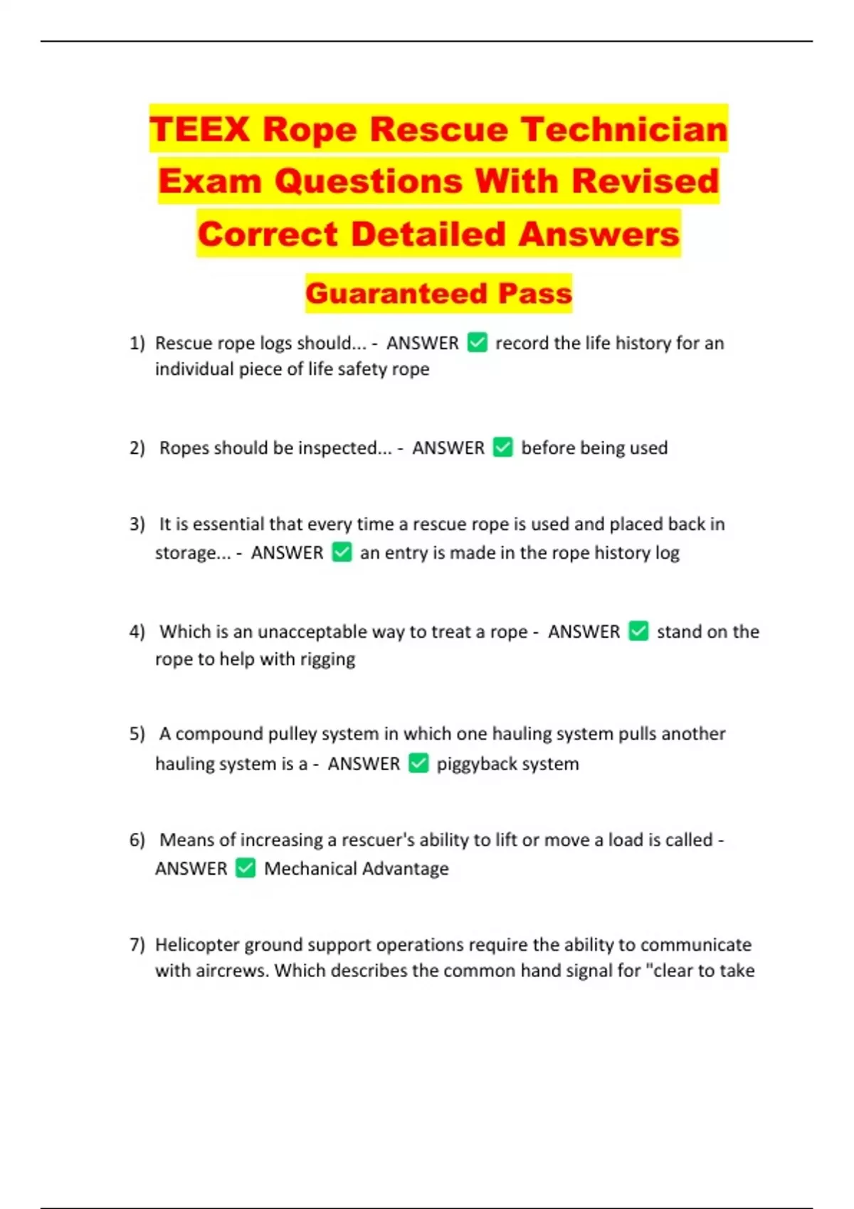 TEEX Rope Rescue Technician Exam Questions With Revised Correct Detailed Answers Guaranteed Pass ...
