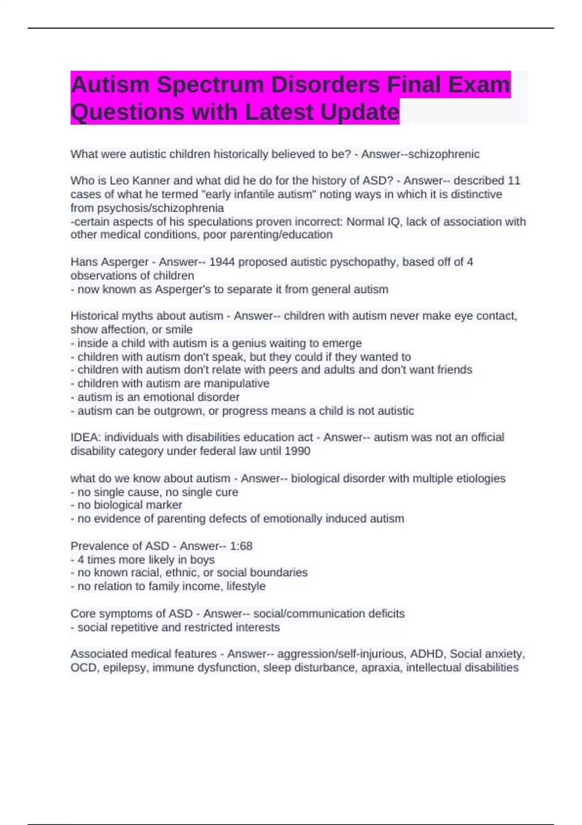Autism Spectrum Disorders Final Exam Questions with Latest Update - ASD ...