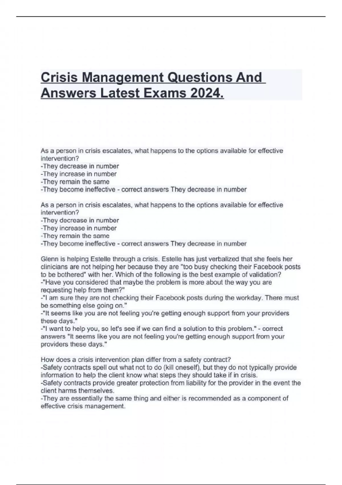 Crisis Management Questions And Answers Latest Exams 2024. - Crisis ...