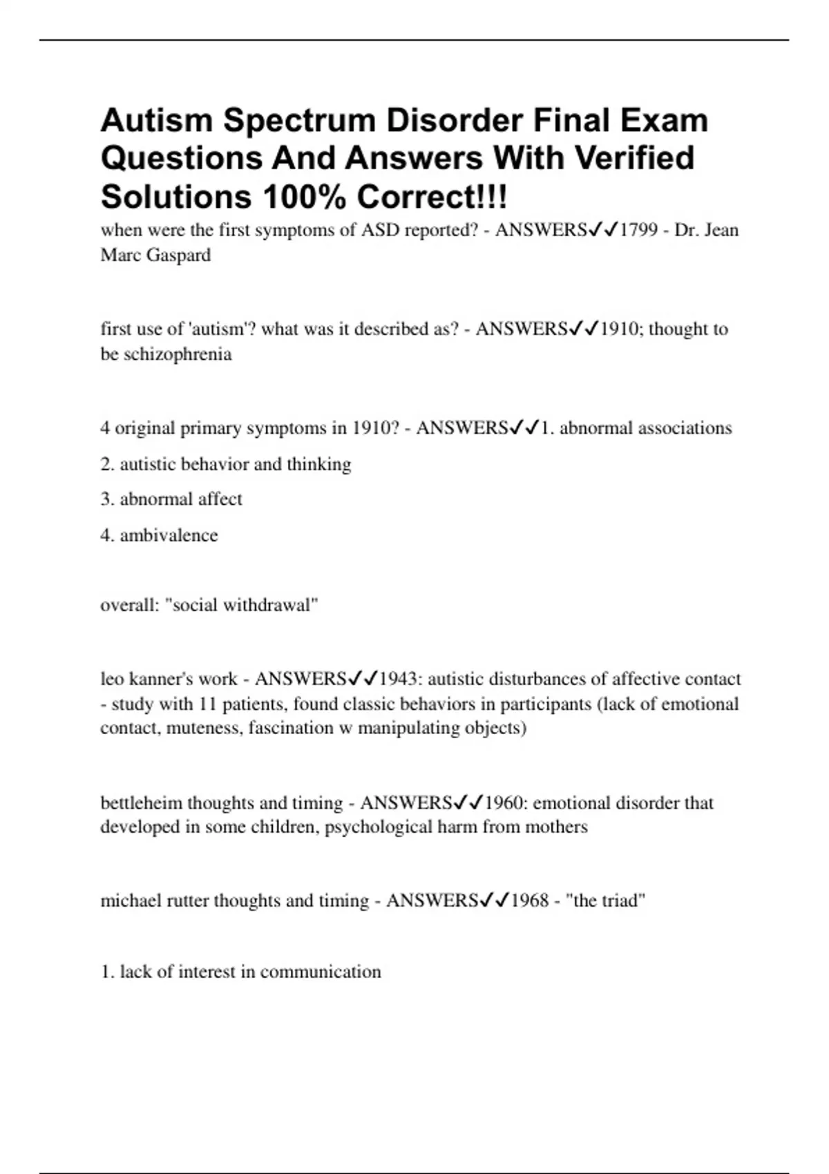 Autism Spectrum Disorder Final Exam Questions And Answers With Verified ...