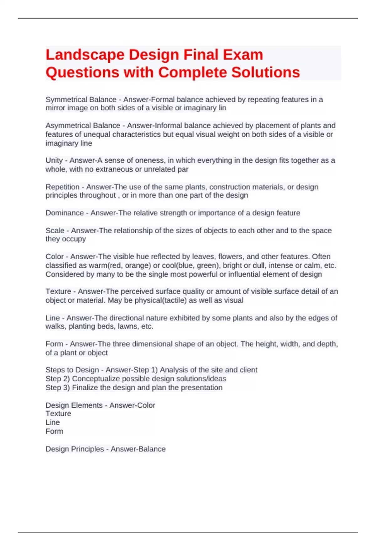 Landscape Design Final Exam Questions with Complete Solutions - PLA ...