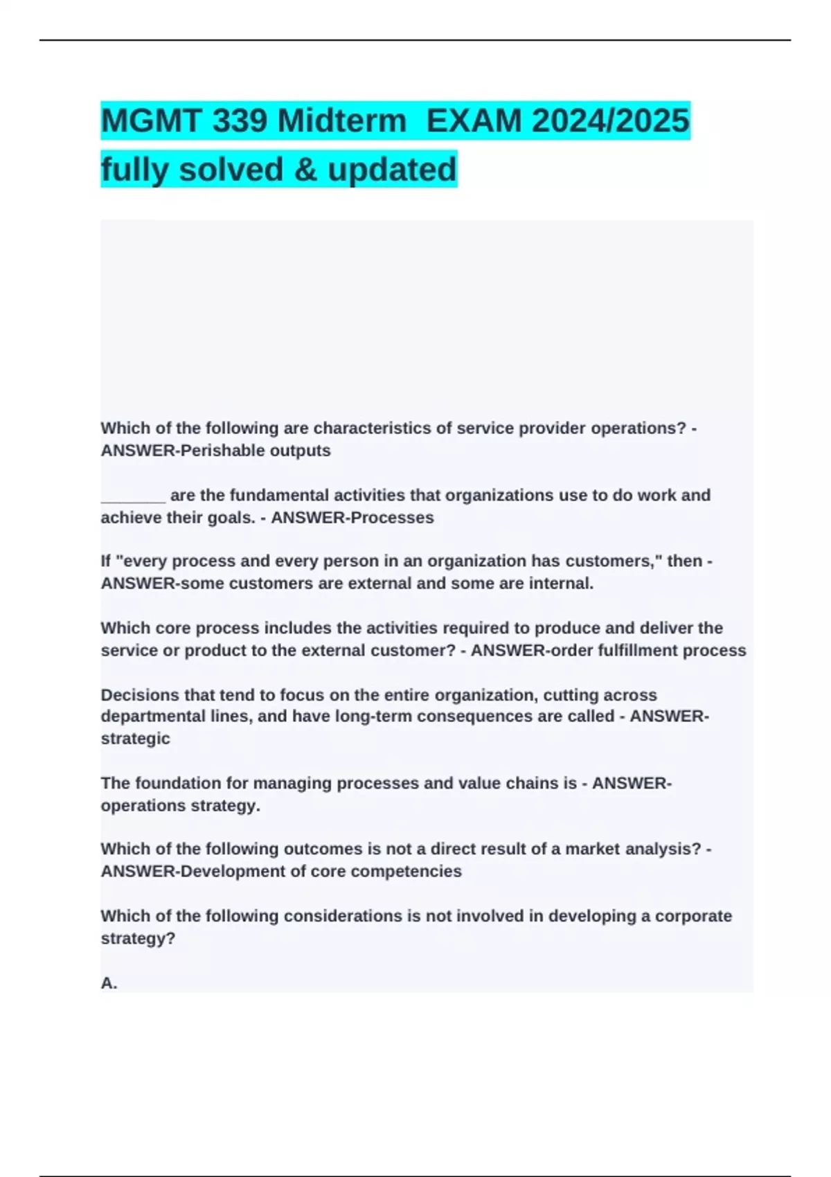 MGMT 339 Midterm EXAM 2024_2025 fully solved & updated - MGMT 339 - Stuvia US