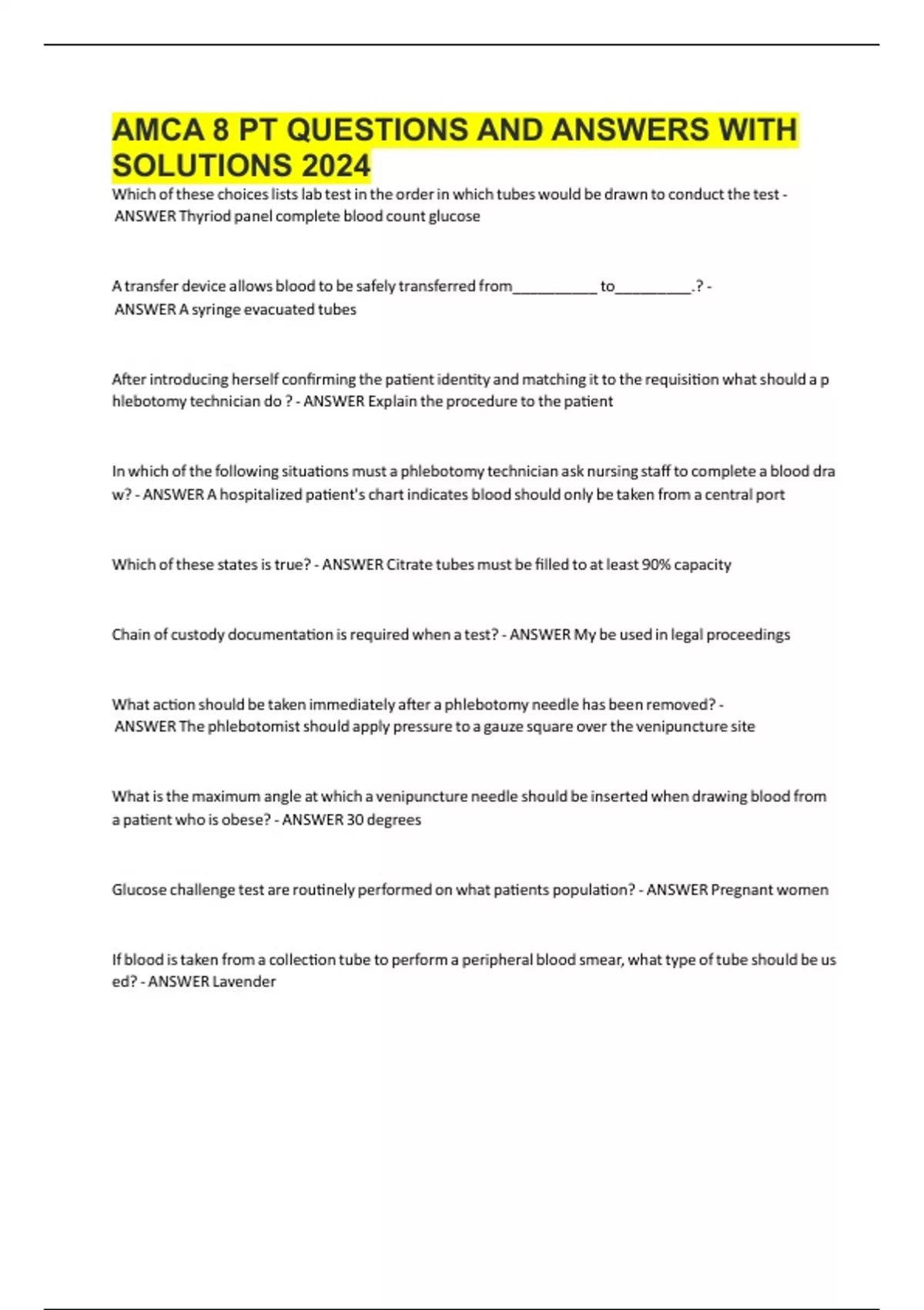 AMCA 8 PT QUESTIONS AND ANSWERS WITH SOLUTIONS 2024 - Phlebotomy - Stuvia US