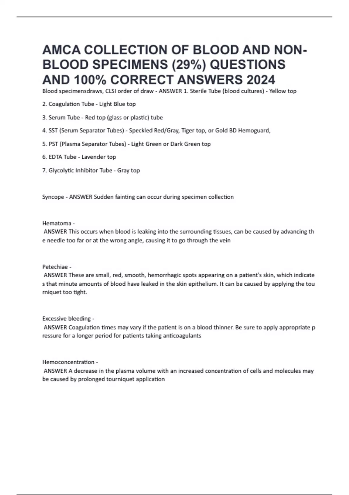 AMCA COLLECTION OF BLOOD AND NON-BLOOD SPECIMENS (29%) QUESTIONS AND ...