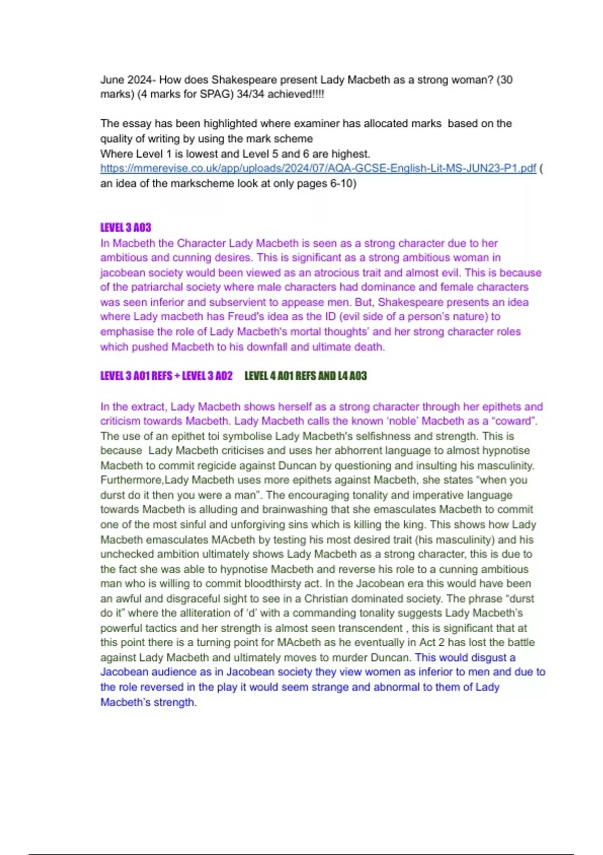 GCSE AQA English literature 2024 Macbeth written essay FULL MARKS ...