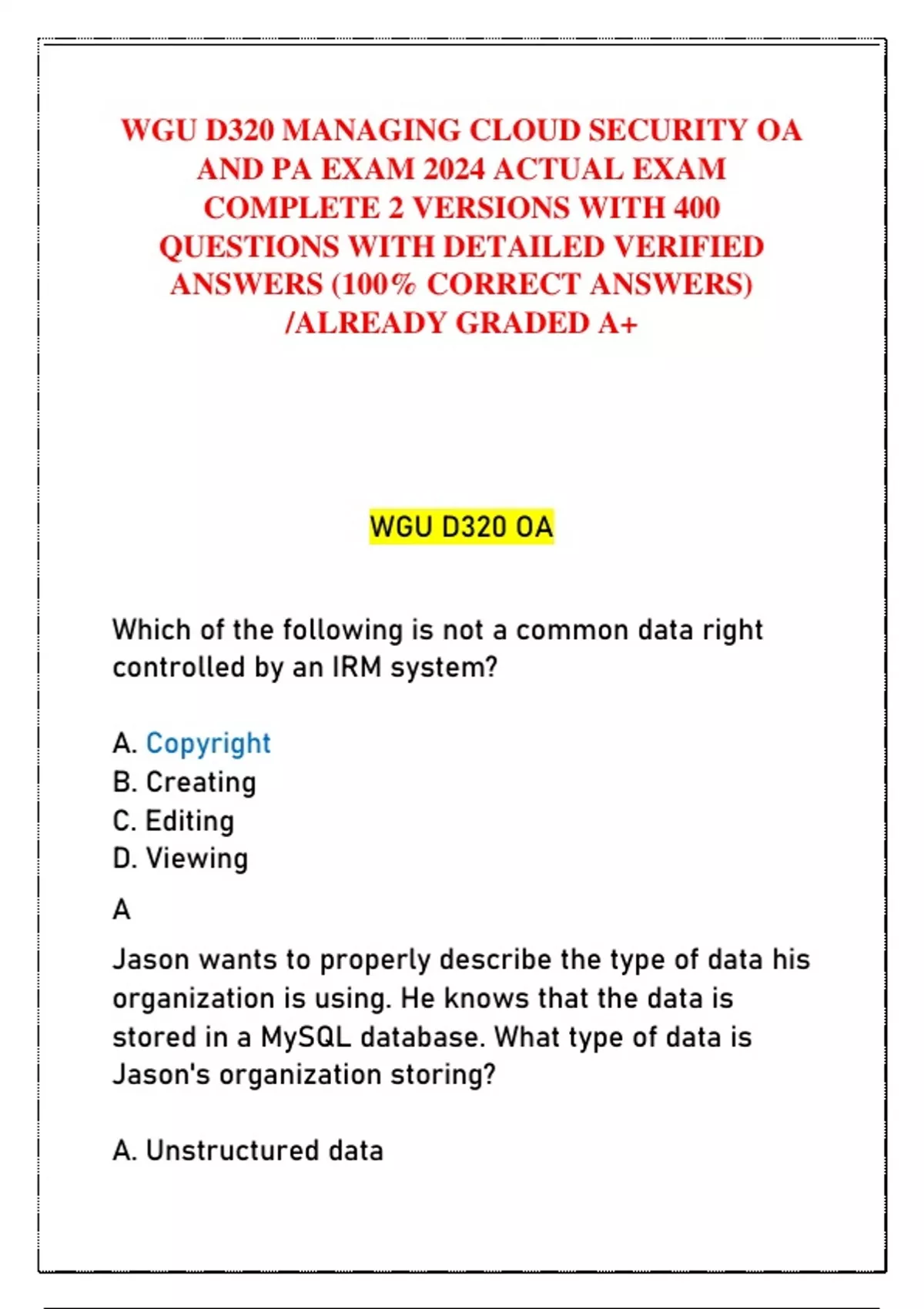 WGU D320 MANAGING CLOUD SECURITY OA AND PA EXAM 2024 ACTUAL EXAM ...