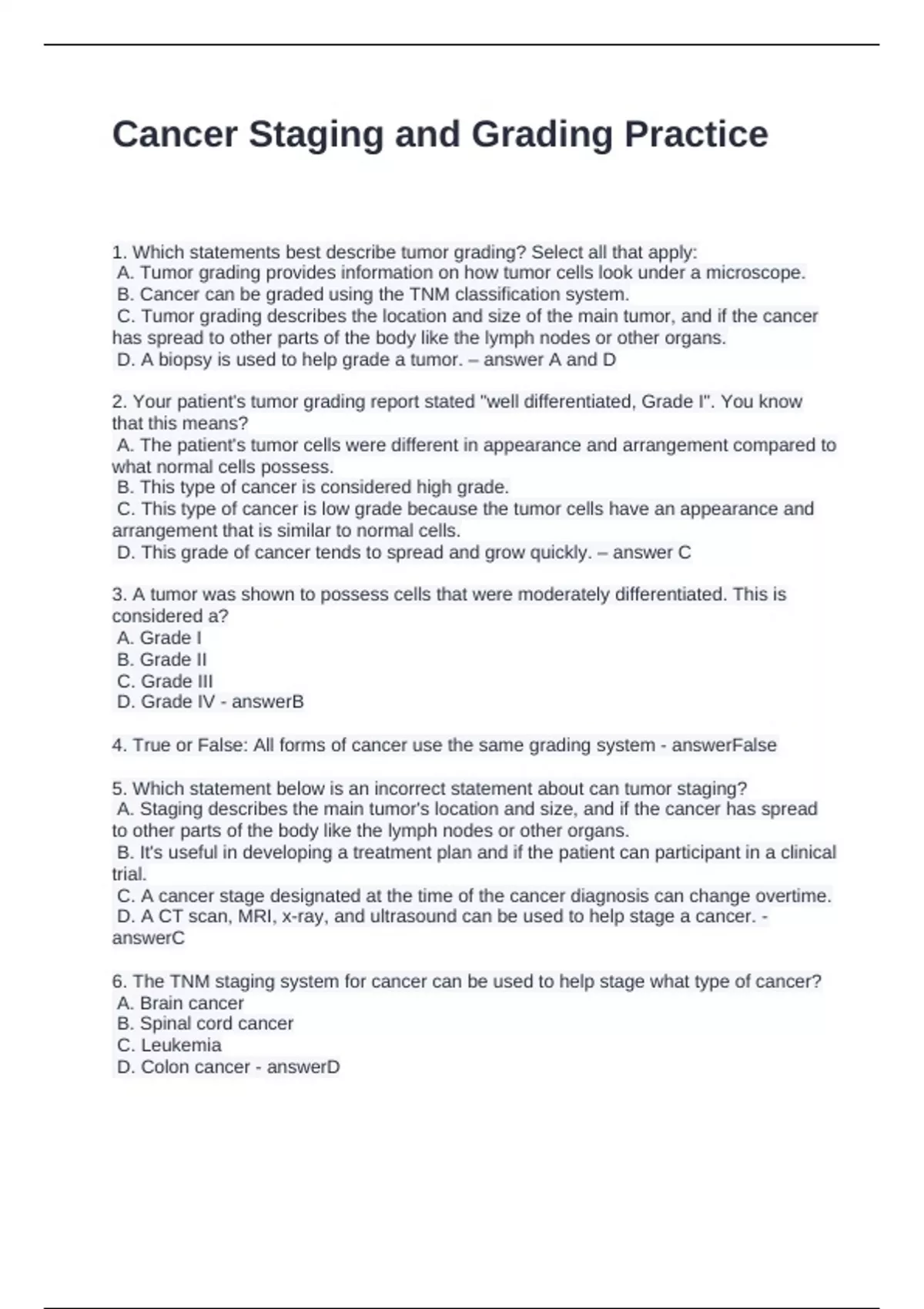 Cancer Staging and Grading Practice Questions with Accurate Answers ...