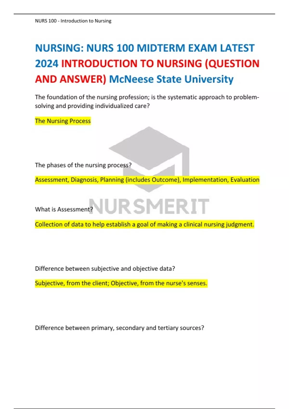 NURSING: NURS 100 MIDTERM EXAM LATEST 2024 INTRODUCTION TO NURSING ...