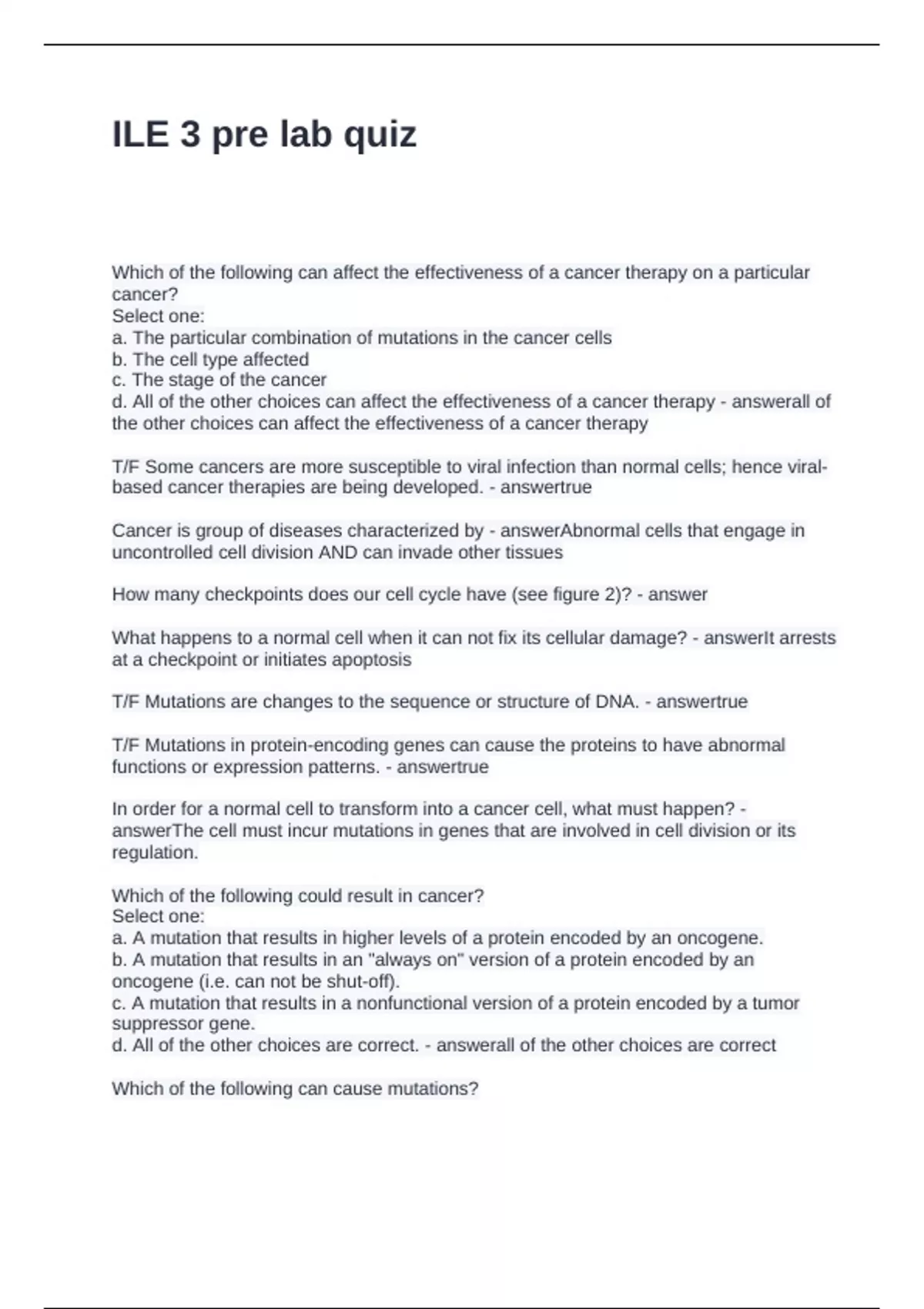 ILE 3 pre lab quiz Questions and Answers 2024 - Cancer - Stuvia US