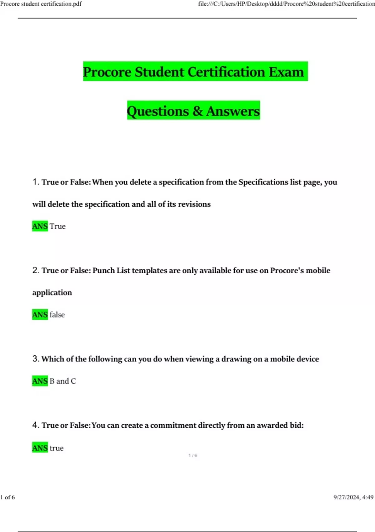 Procore Student Certification Exam Actual 2024 Questions with 100% ...